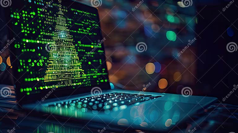 Creative Digital Christmas Tree Made of Binary Code on a Laptop Screen. Christmas Card for ...