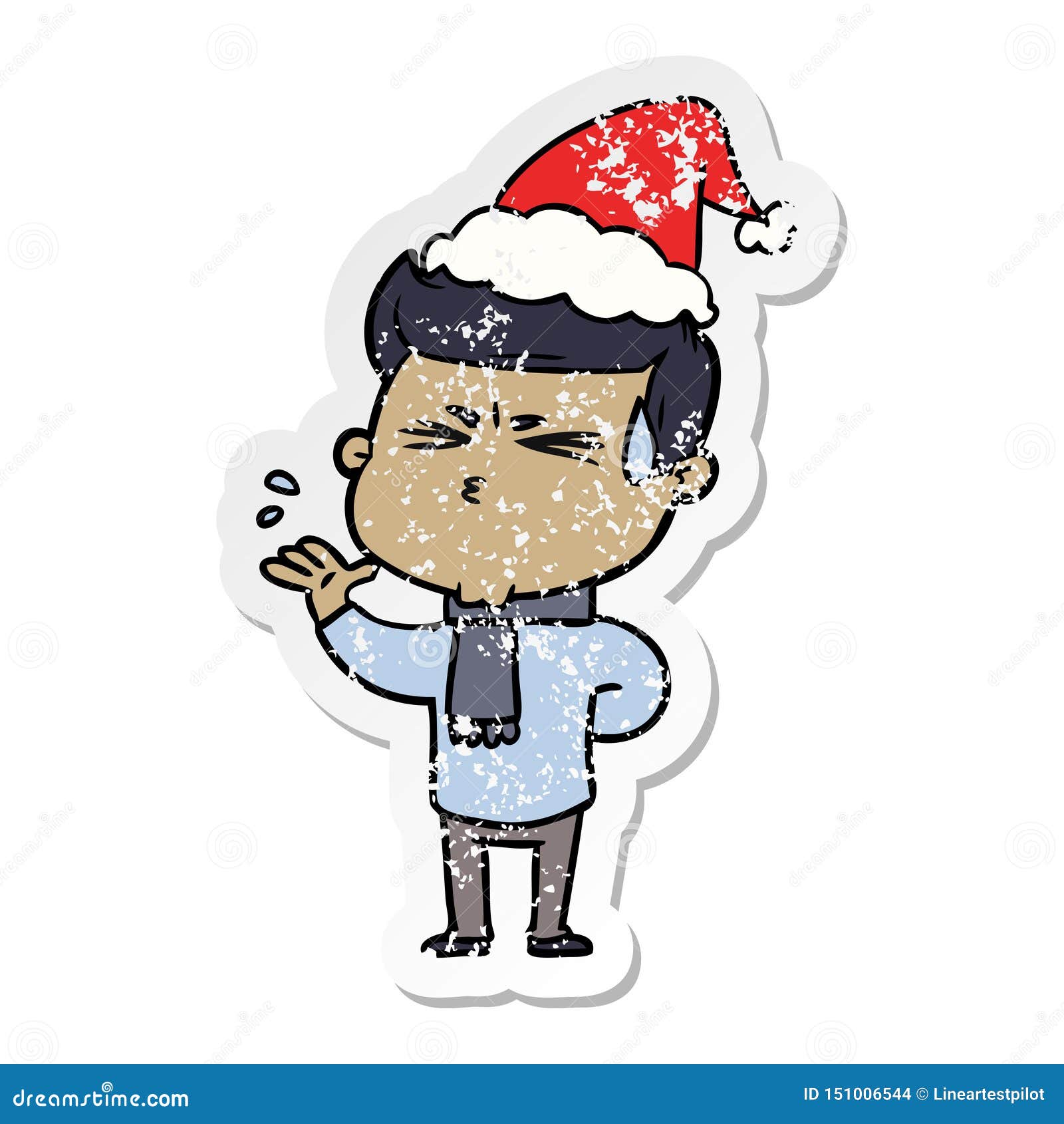 A Creative Distressed Sticker Cartoon of a Man Sweating Wearing Santa ...