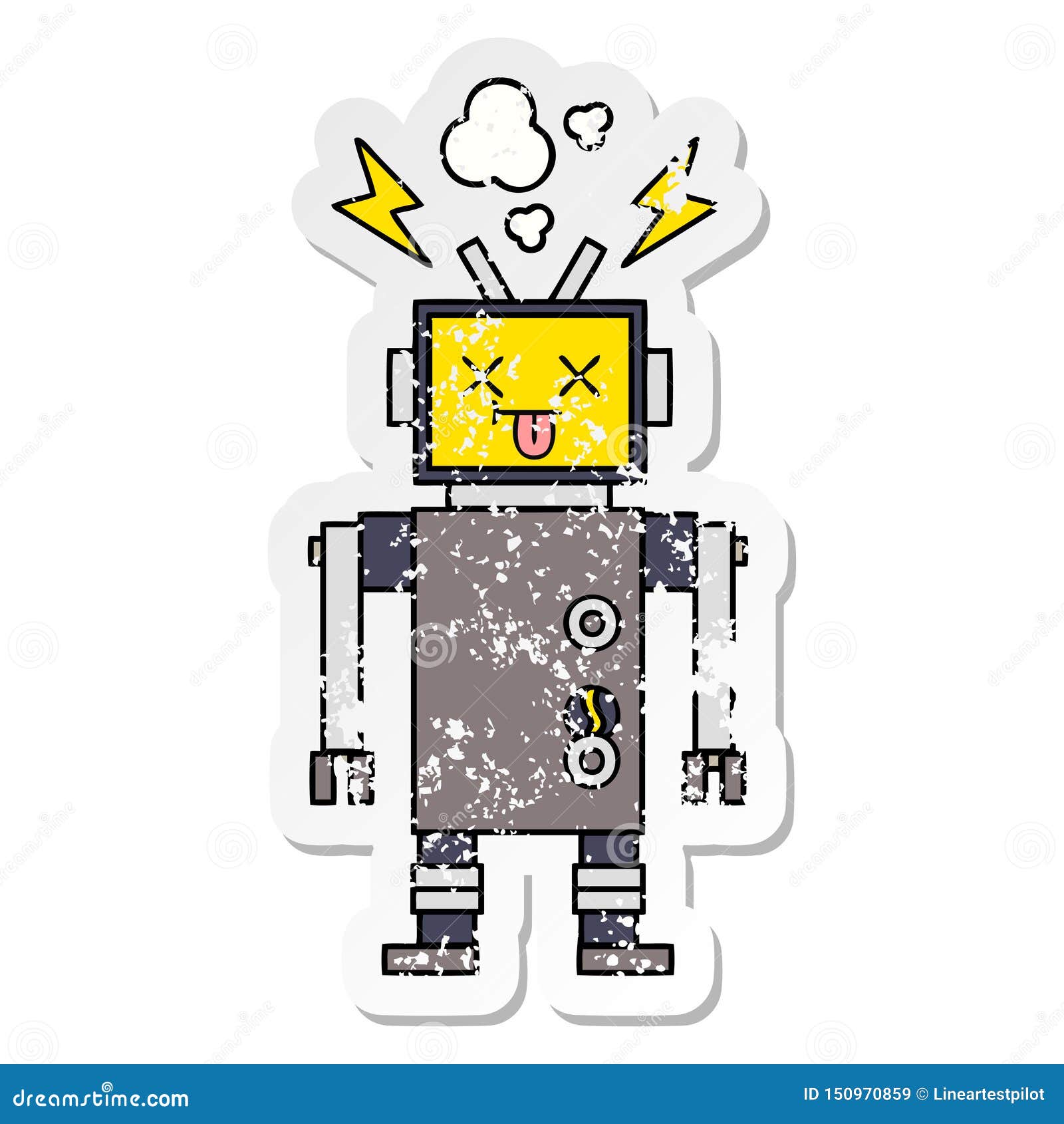 A Creative Distressed Sticker of a Cute Cartoon Malfunctioning Robot ...