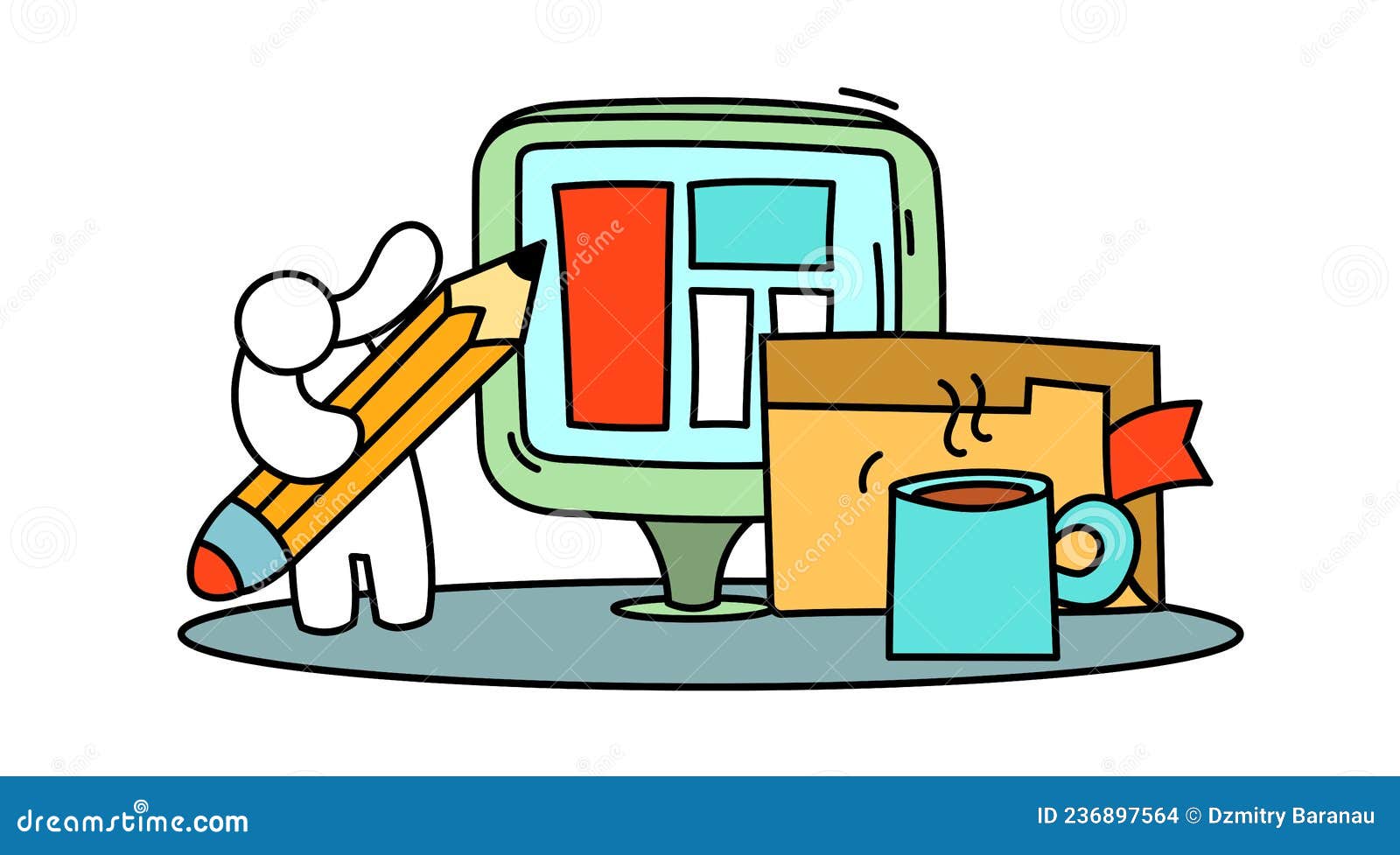 Creative Doodle Workplace People with Computer, Little Human and Coffee ...