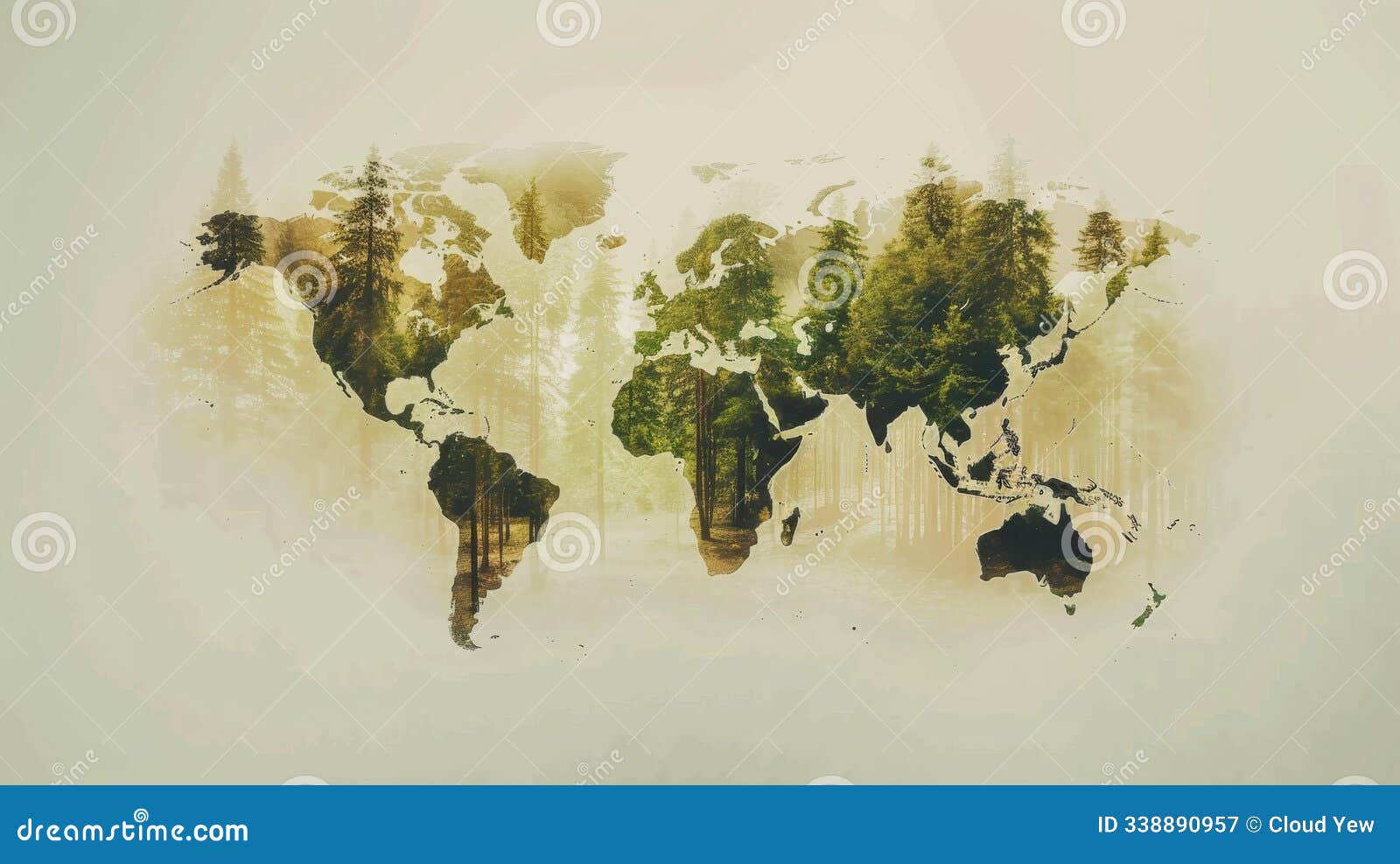 Double Exposure World Map with Forest Trees Stock Illustration ...