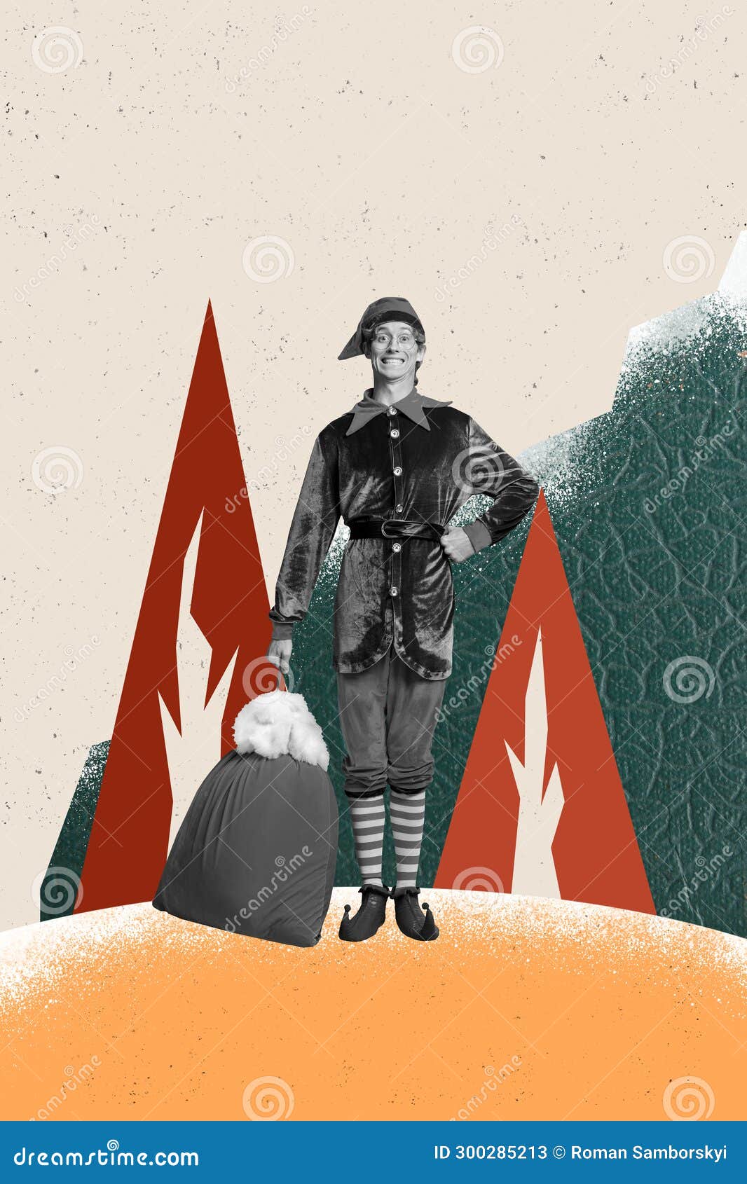 Creative Drawing Collage Picture Of Funny Elf Man Bag Sack Deliver