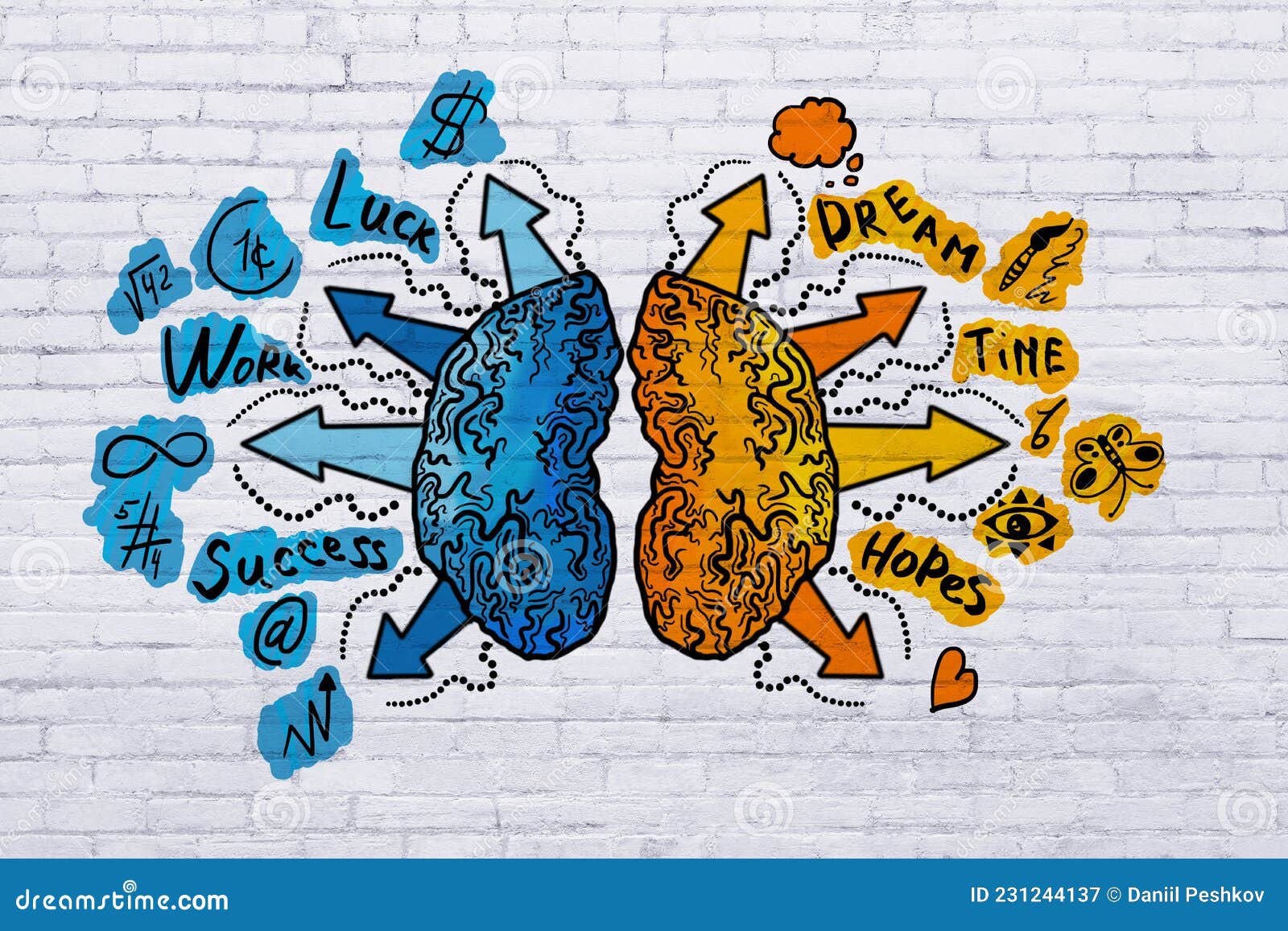 Creative Drawing of Different Brain Hemispheres on White Brick Wall ...