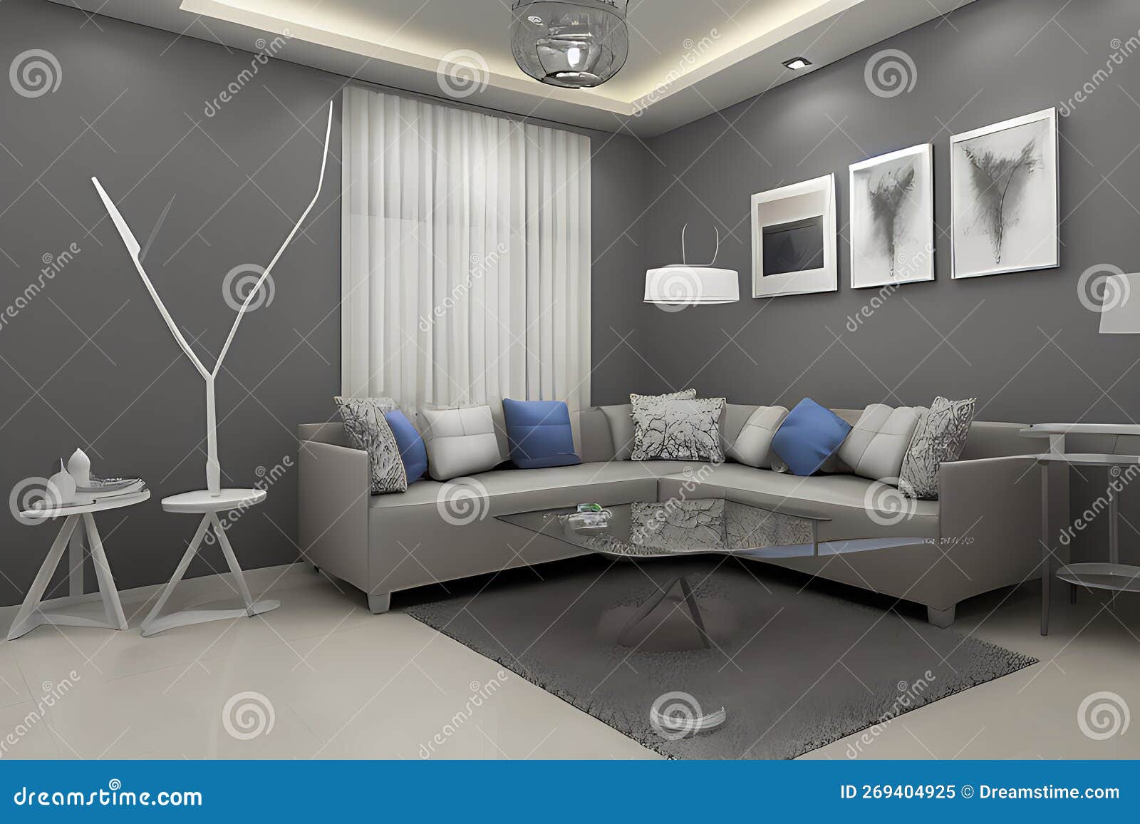 Creative Drawing Room, Wall Paint Color Primer Gray with Sofa Stock ...