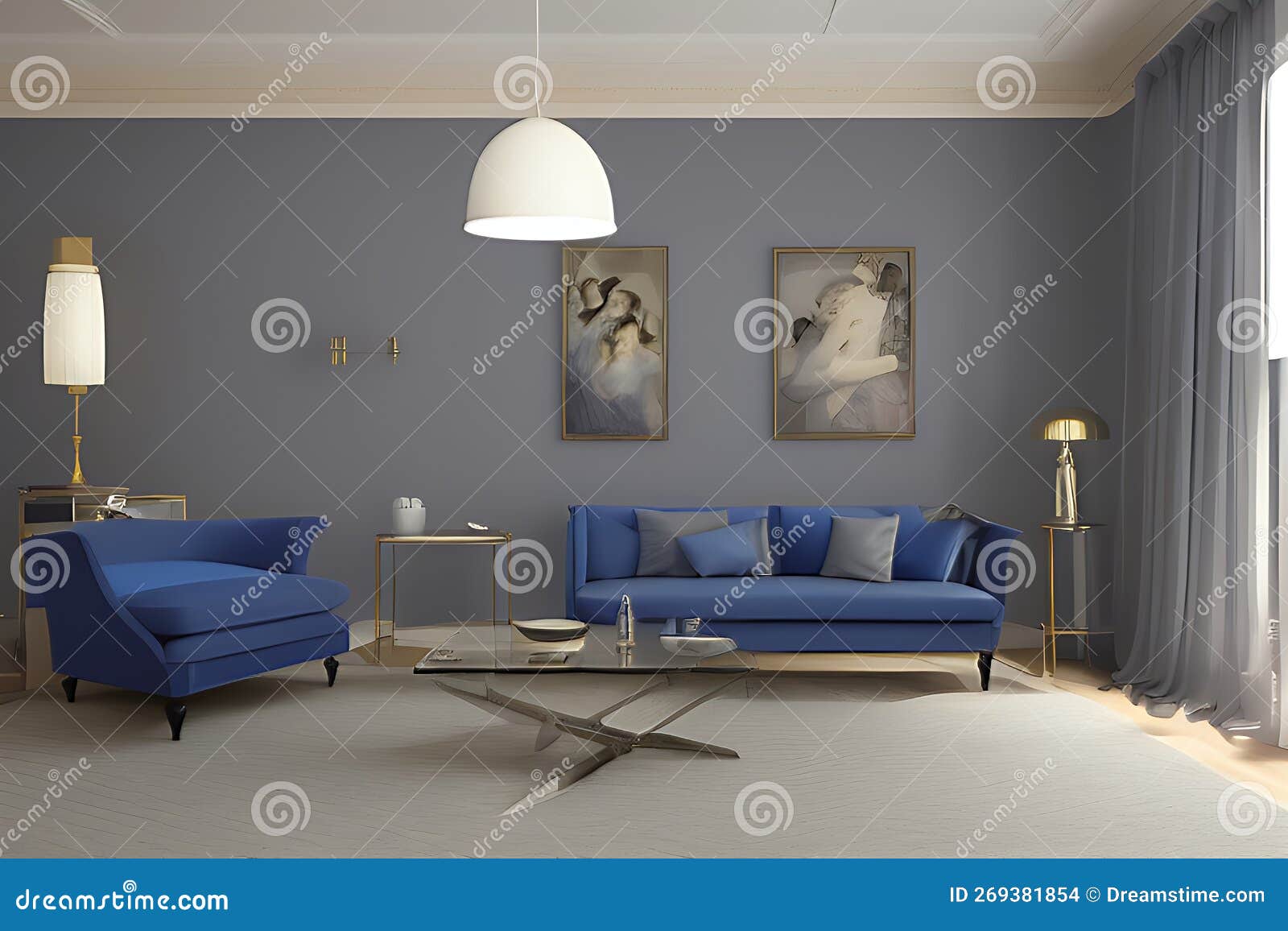 Creative Drawing Room, Wall Paint Color Sapphire Blue with Sofa Stock ...