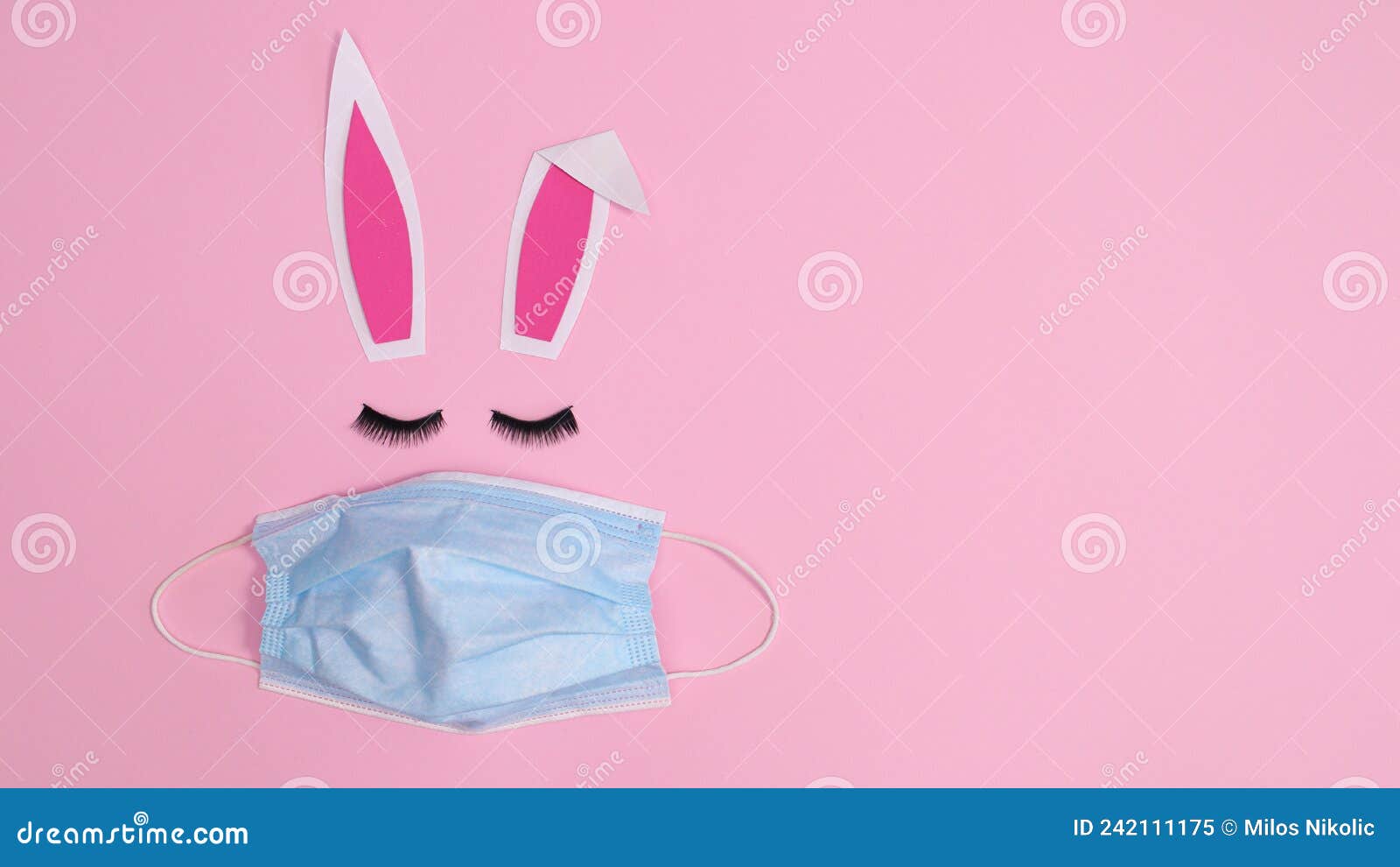 Creative Easter Bunny with Face Mask on Pastel Pink Background. Flat ...