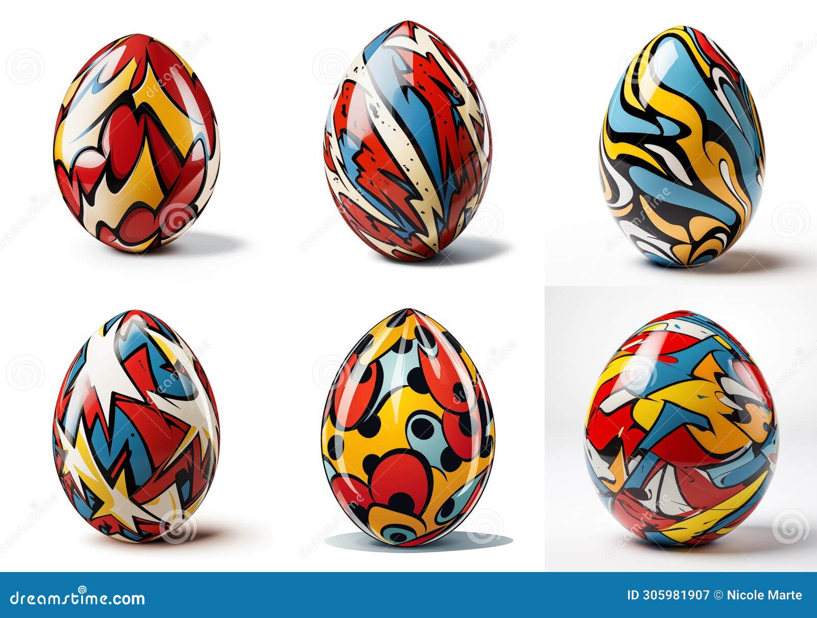 A Unique Set of Colorful Easter Egg Designs Artwork (Pop Art Style Inspired by Roy Lichtenstein ...