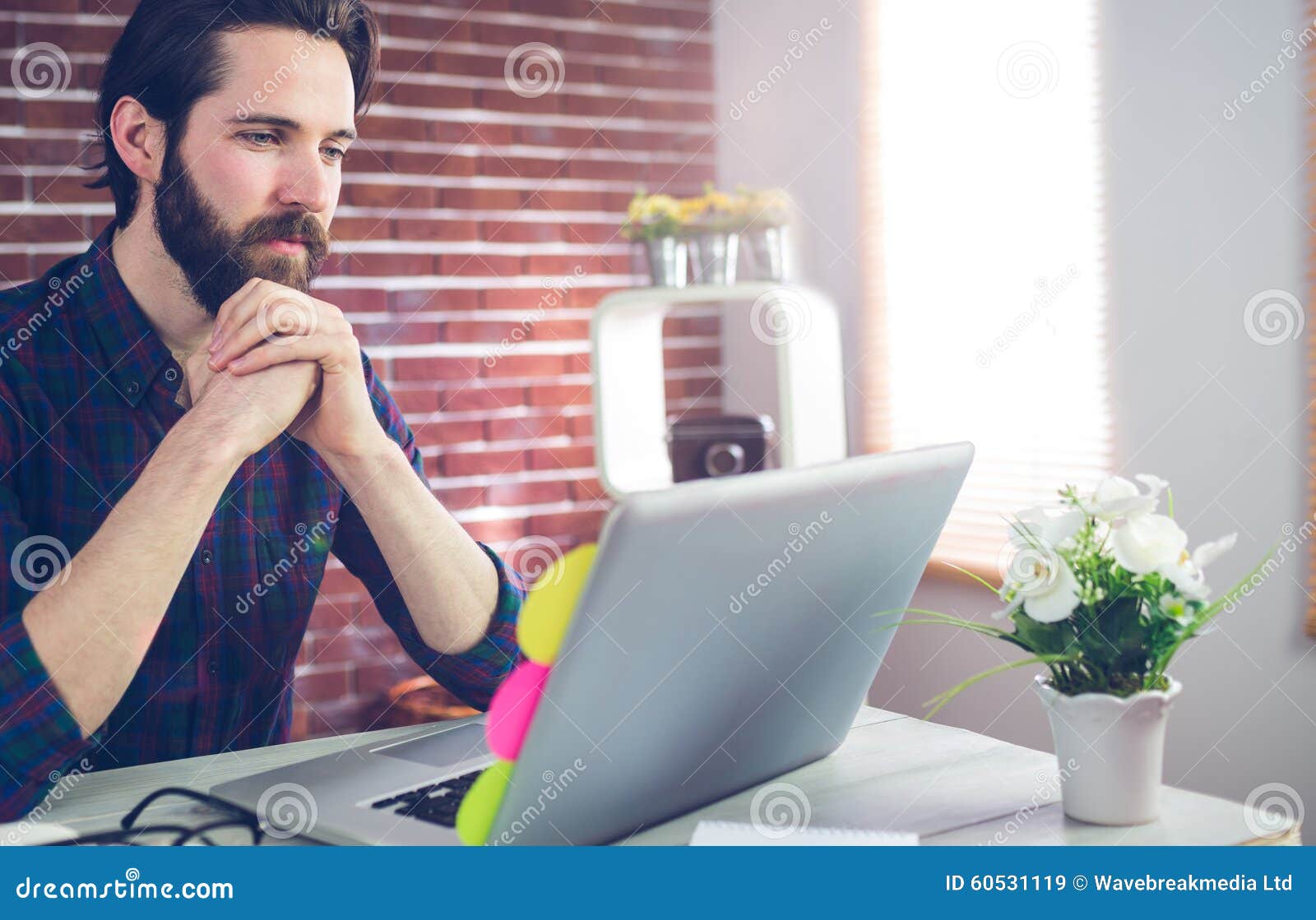 Creative Editor with Hand Clasped Using Laptop Stock Image - Image of ...