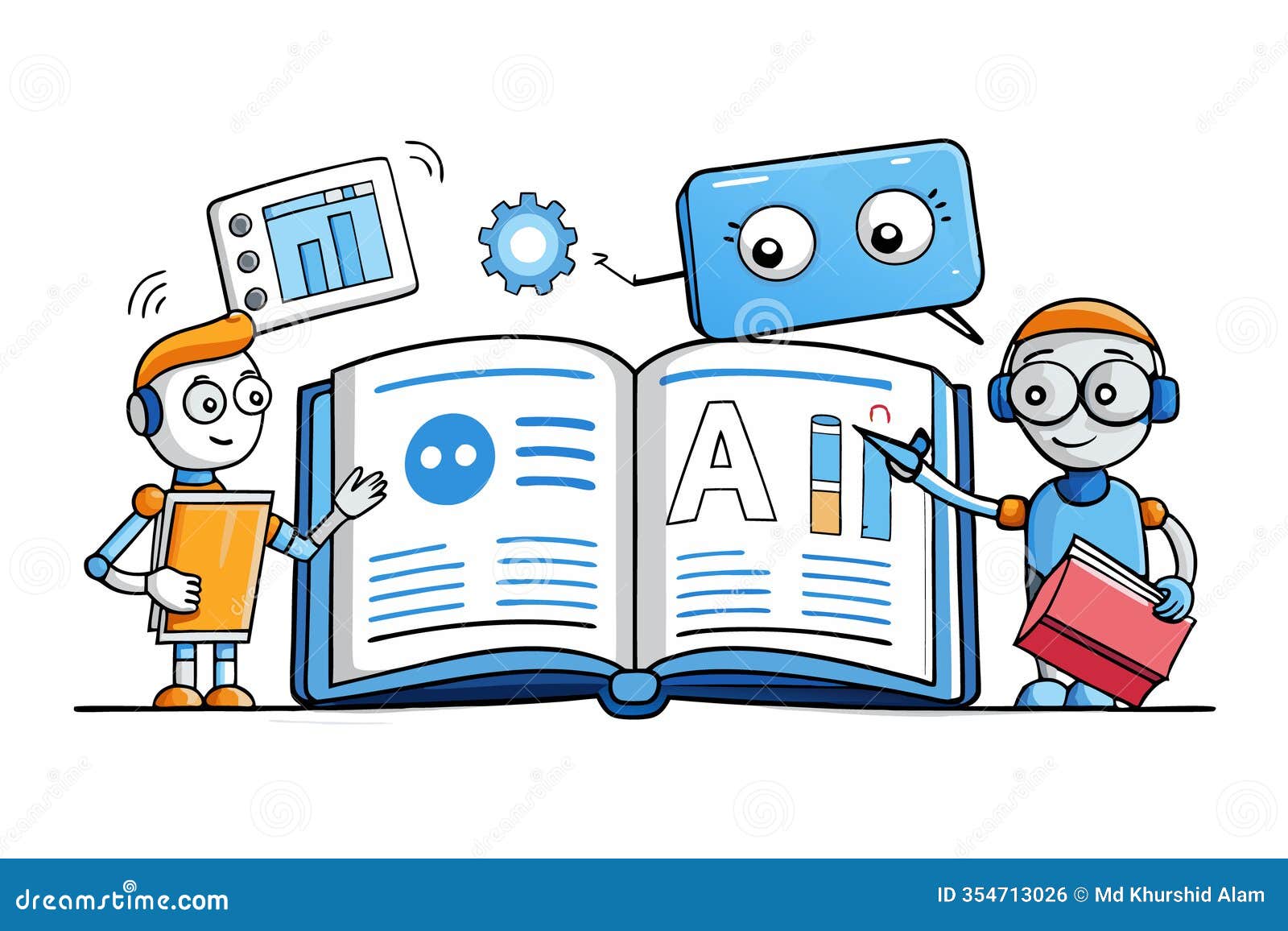 Creative Educational Illustration Featuring an Open Textbook, Robots ...