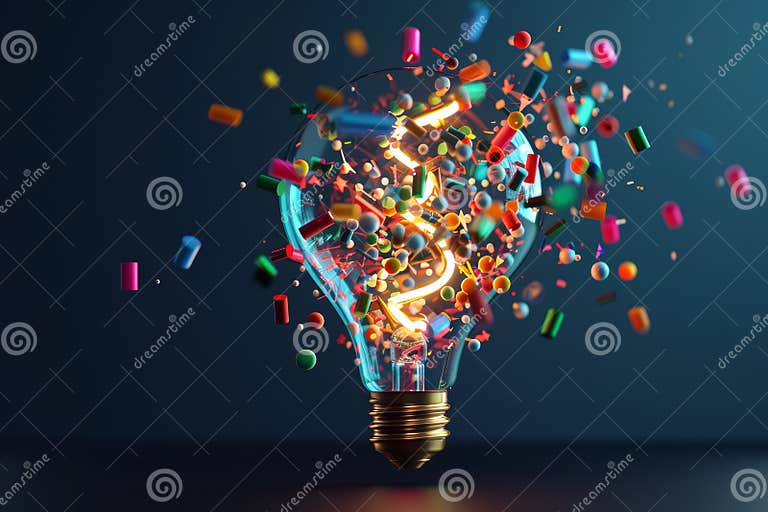 Creative Explosion of Colorful Particles Inside a Light Bulb on Dark ...