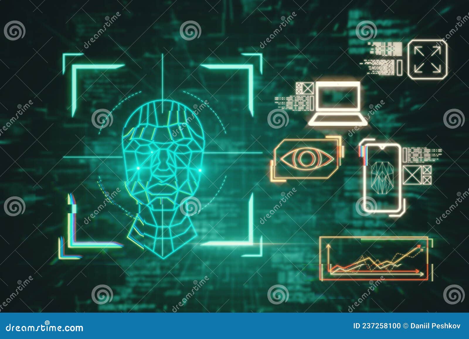 Creative Face Recognition Control Hologram on Dark Backdrop. Technology ...