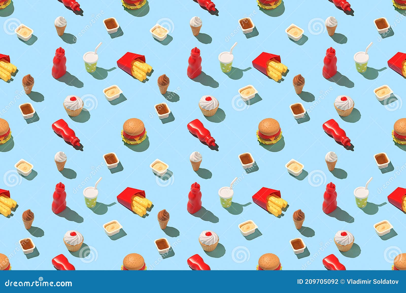 Creative Fast Food Concept. Seamless Fast Food Pattern on a Bright Blue ...