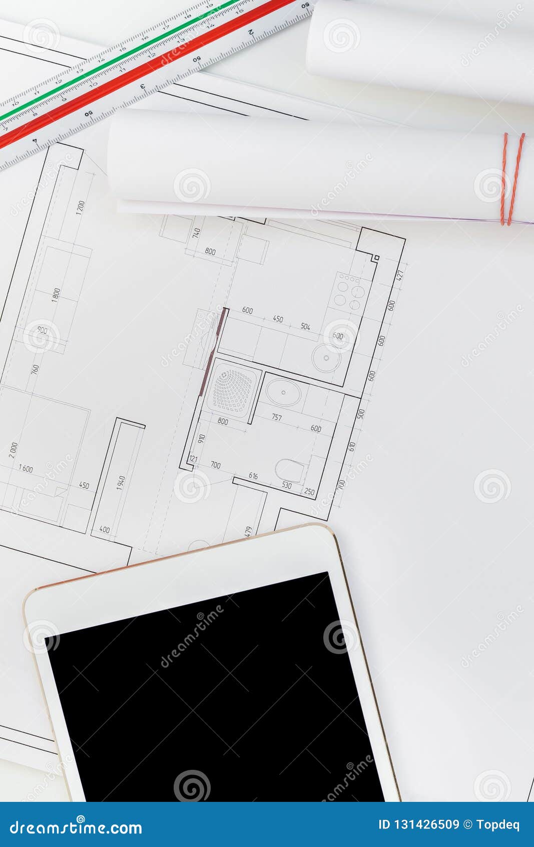 Creative Flat Lay Overhead Top View Blueprints Architectural Flat ...
