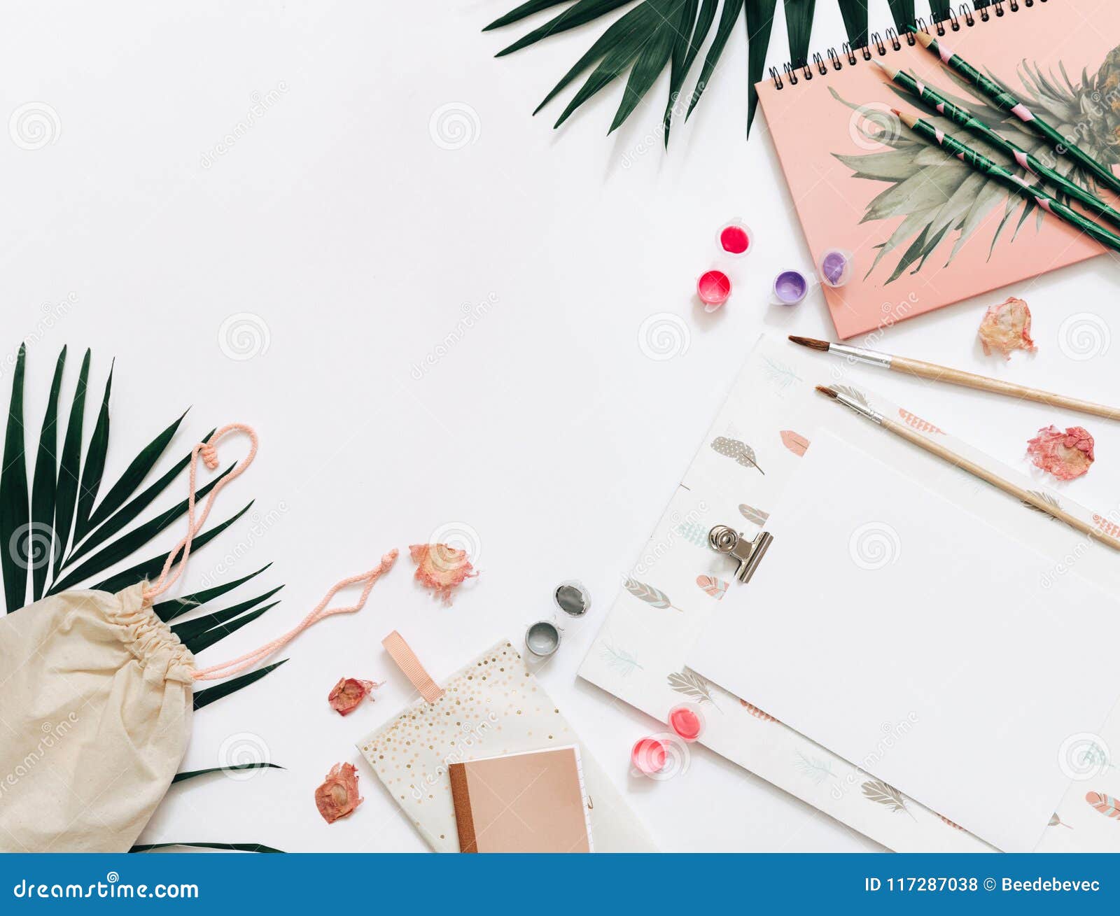 Creative Flat Lay Workspace with Brush, Stock Photo - Image of brush ...