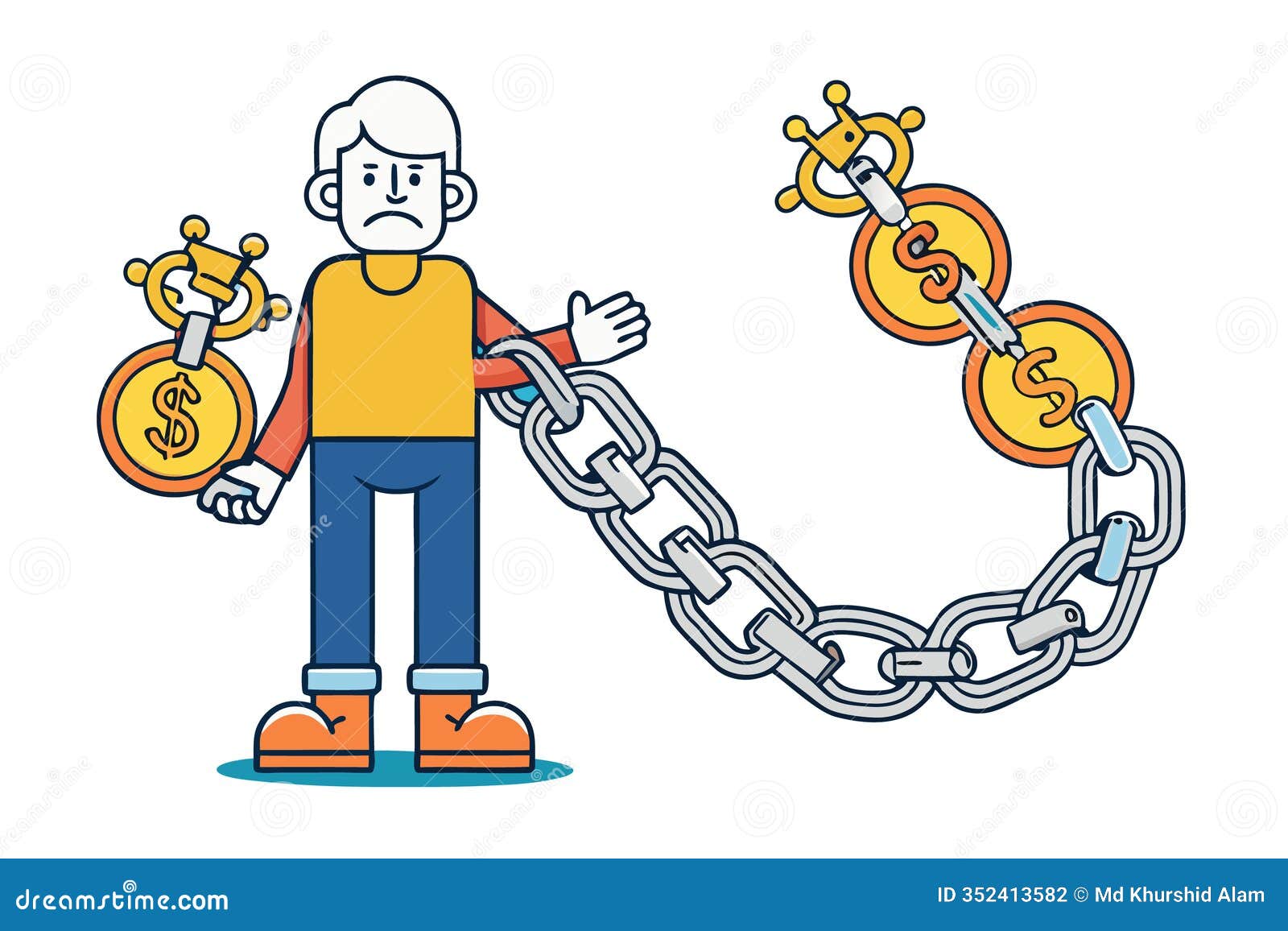 Creative Flat Vector Showing a Man Bound by Chains and Dollar Signs ...