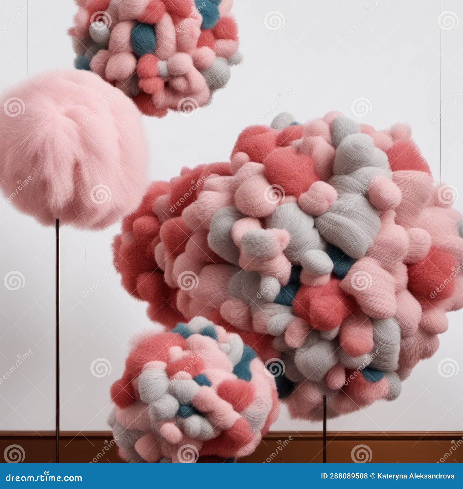 Creative Fluffy Hairy Pink Red Installation on White Wall. Realistic ...