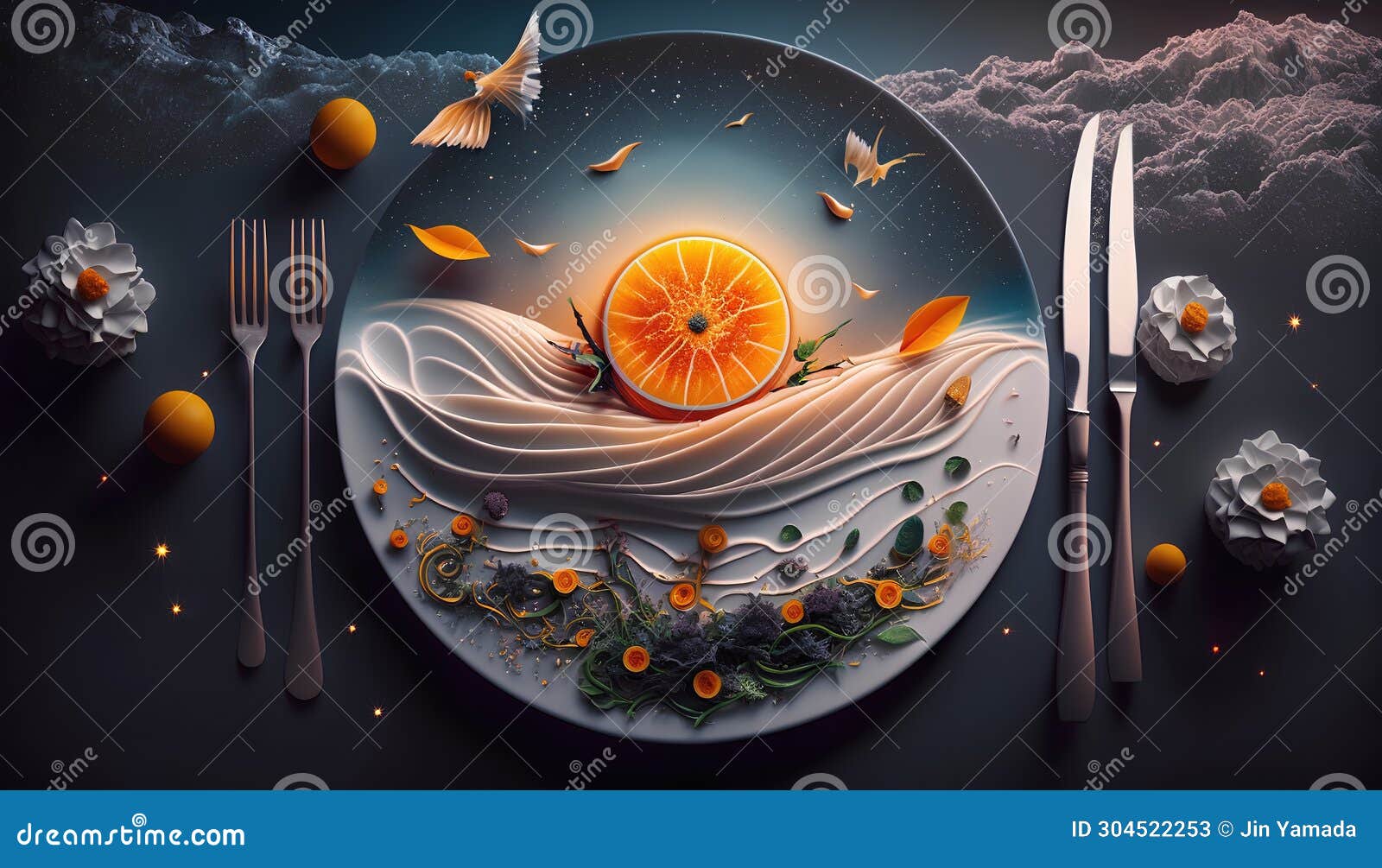 Creative Food Concept with Orange on Plate and Cutlery. 3D Rendering ...