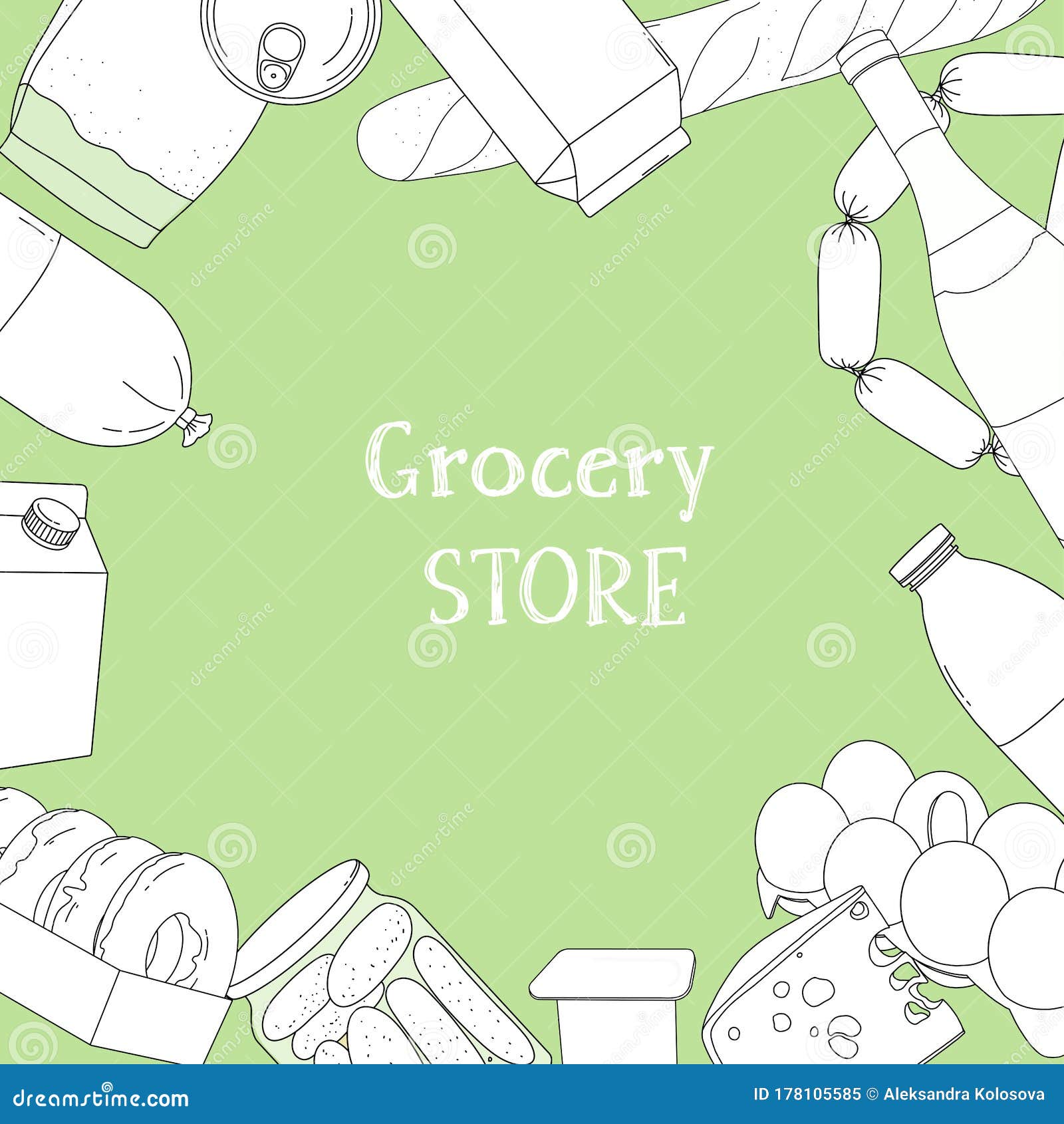 Creative Frame, Grocery Poster. Template. White Silhouette on a Green ...