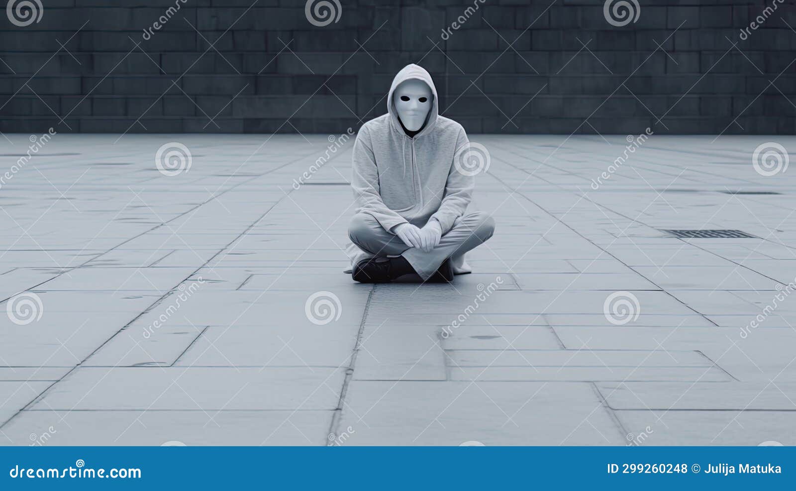Creative Frame of Loneliness: a Figure in Mask on an Empty Square ...