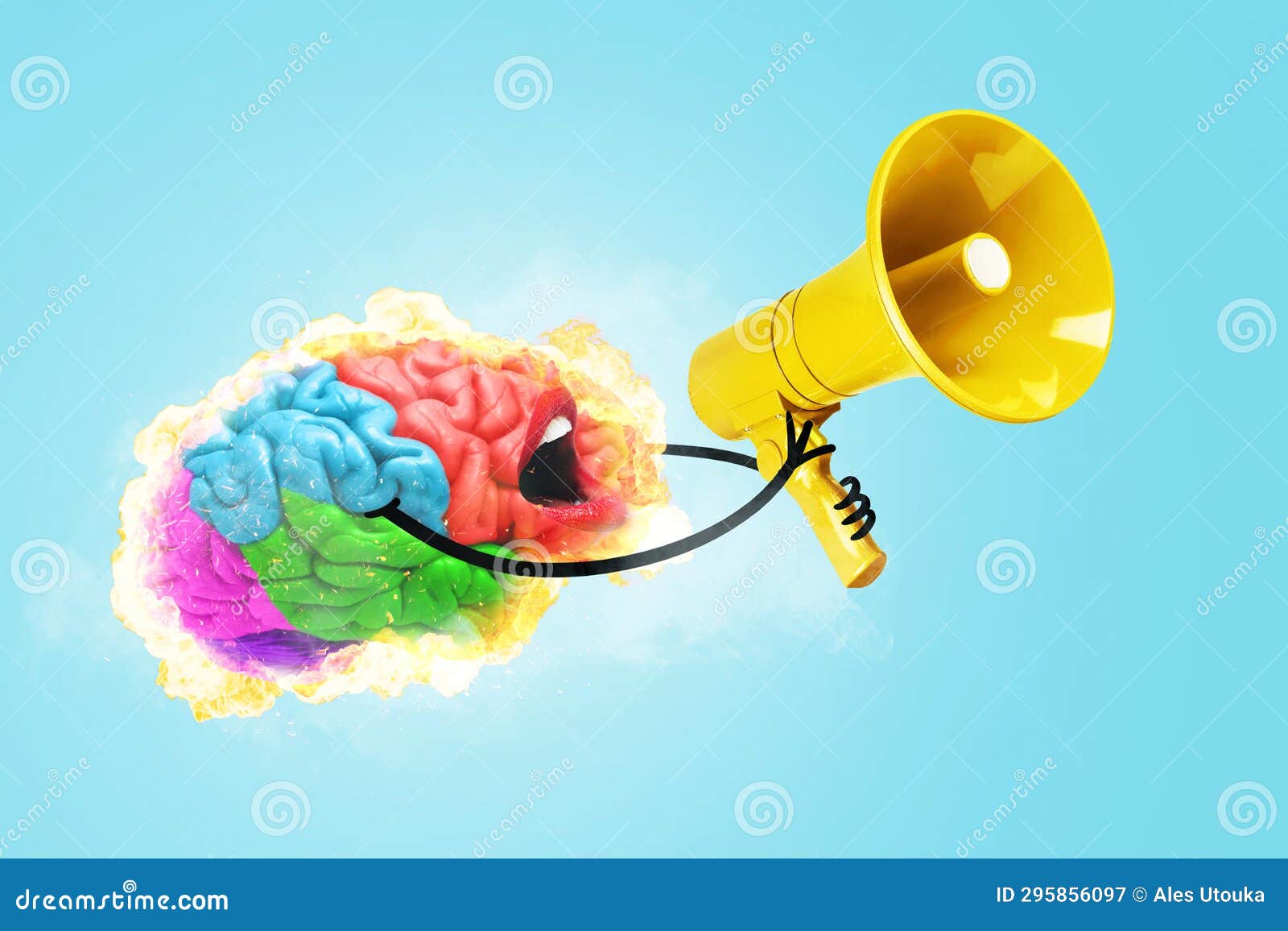 Creative Fun Smart Brain Explodes with Fire, Holds a Yellow Loudspeaker ...