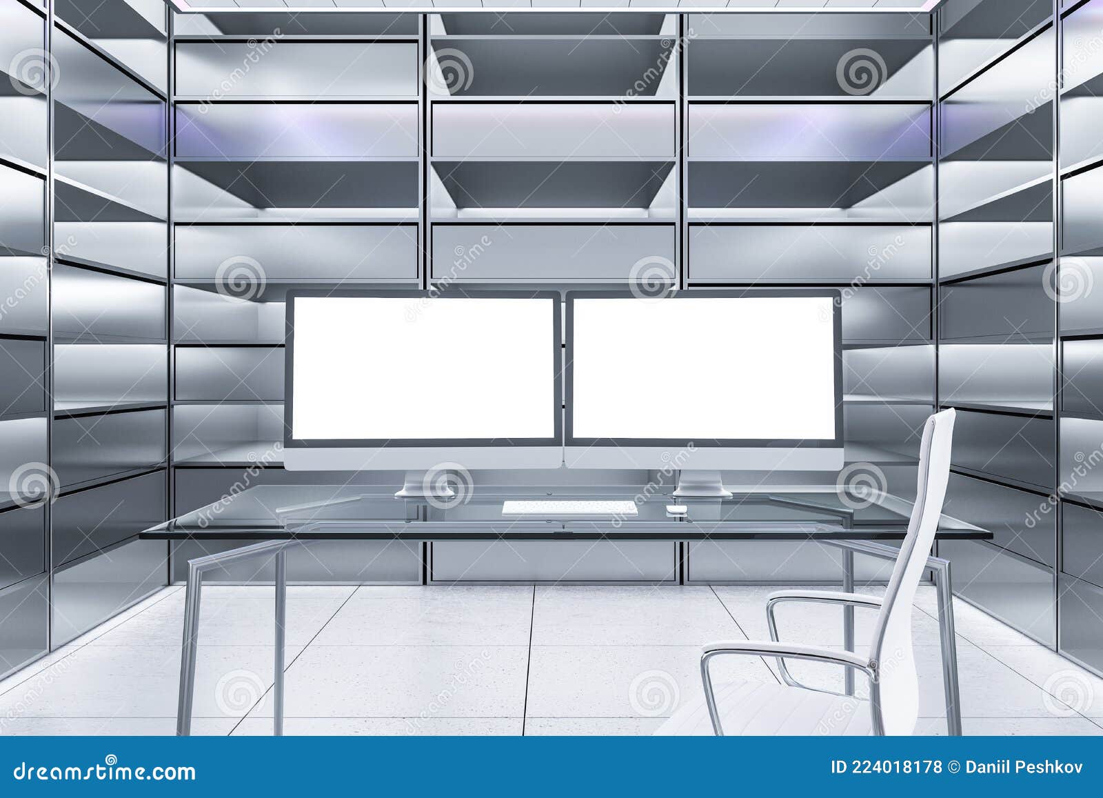 Creative Futuristic Office Interior with Two Blank White Computer ...