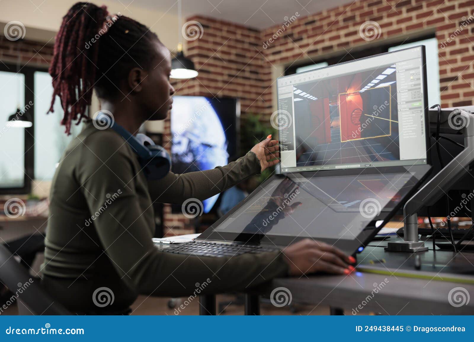 Creative Game Creator Works with Graphics for New Level Design while ...