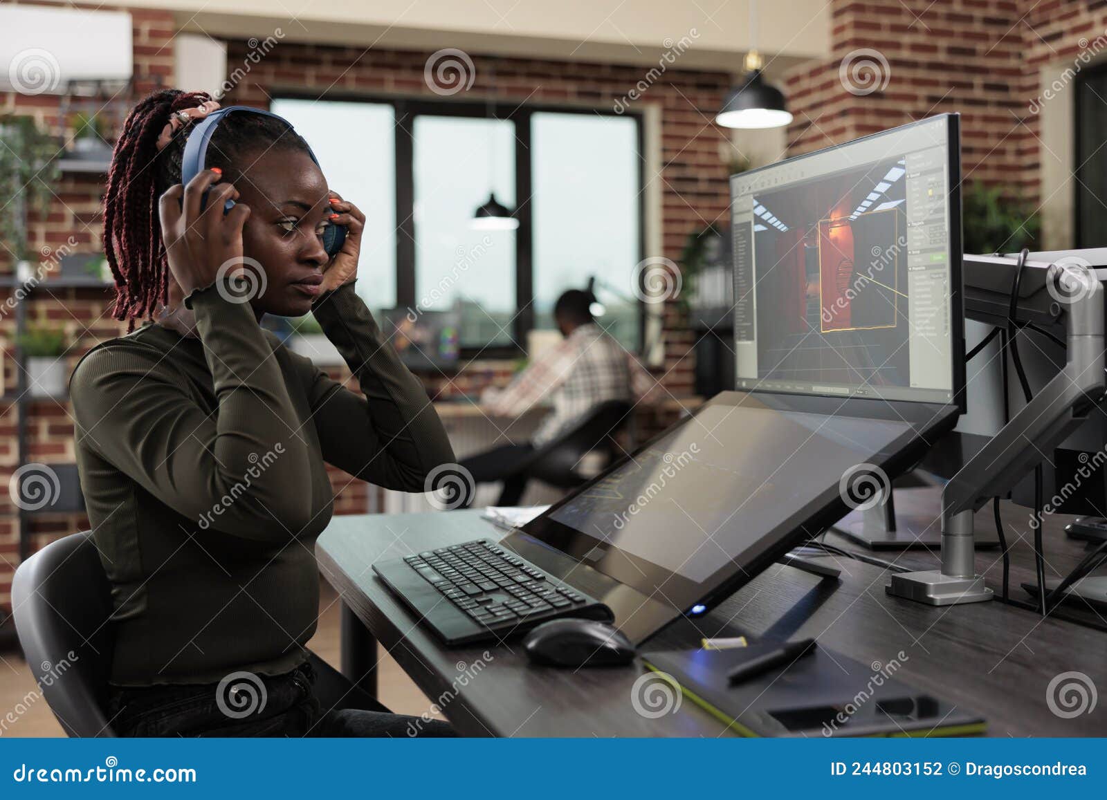 Creative Game Developer Following Cgi Render On Computer Screen While