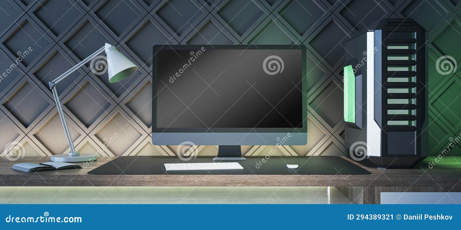 Creative Gamers Desktop with Empty Computer Display, Lamp and System ...