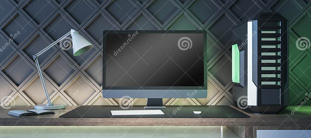 Creative Gamers Desktop with Empty Computer Display, Lamp and System ...