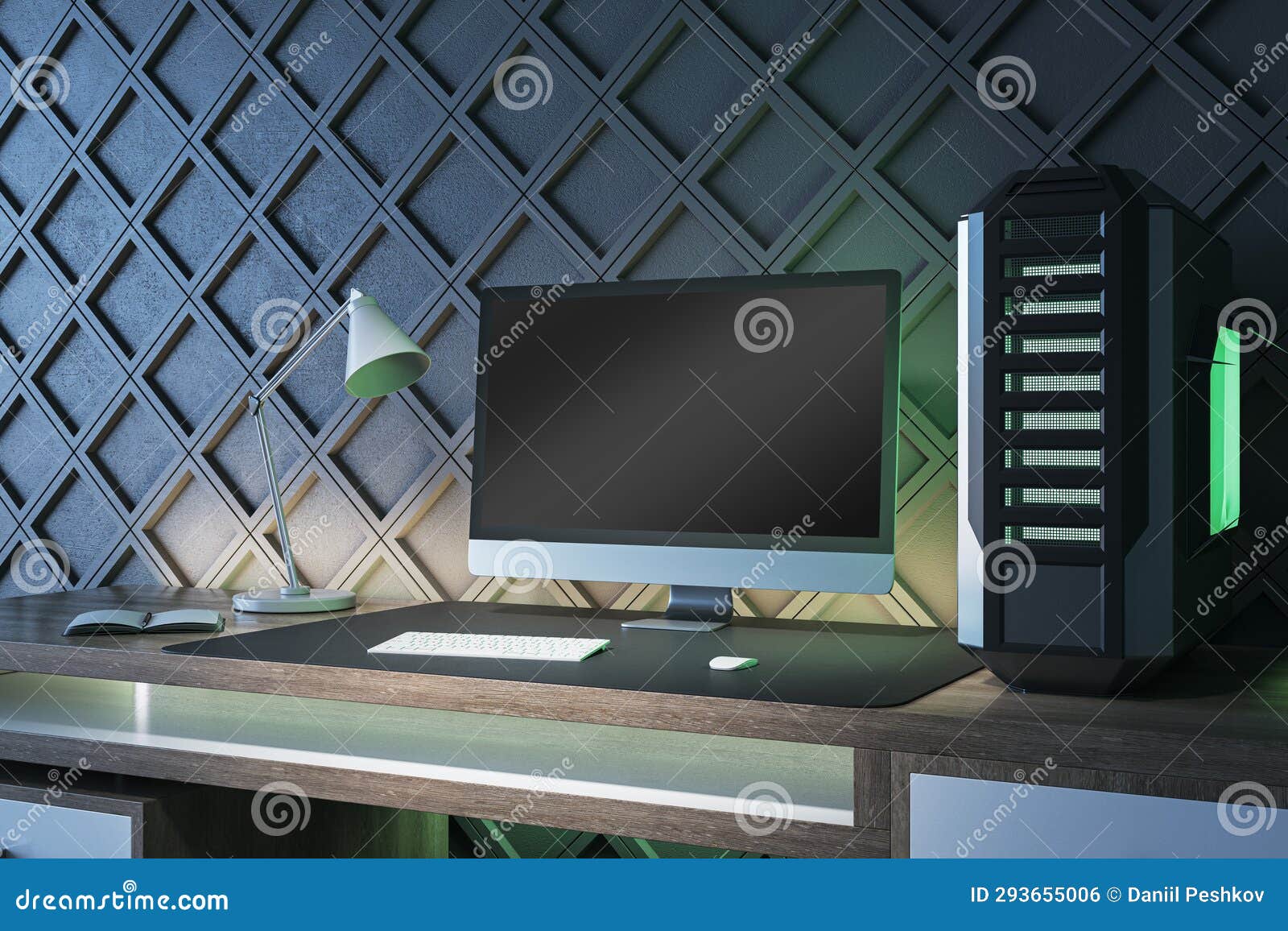 Creative Gamers Desktop with Empty Computer Monitor, Lamp and System ...