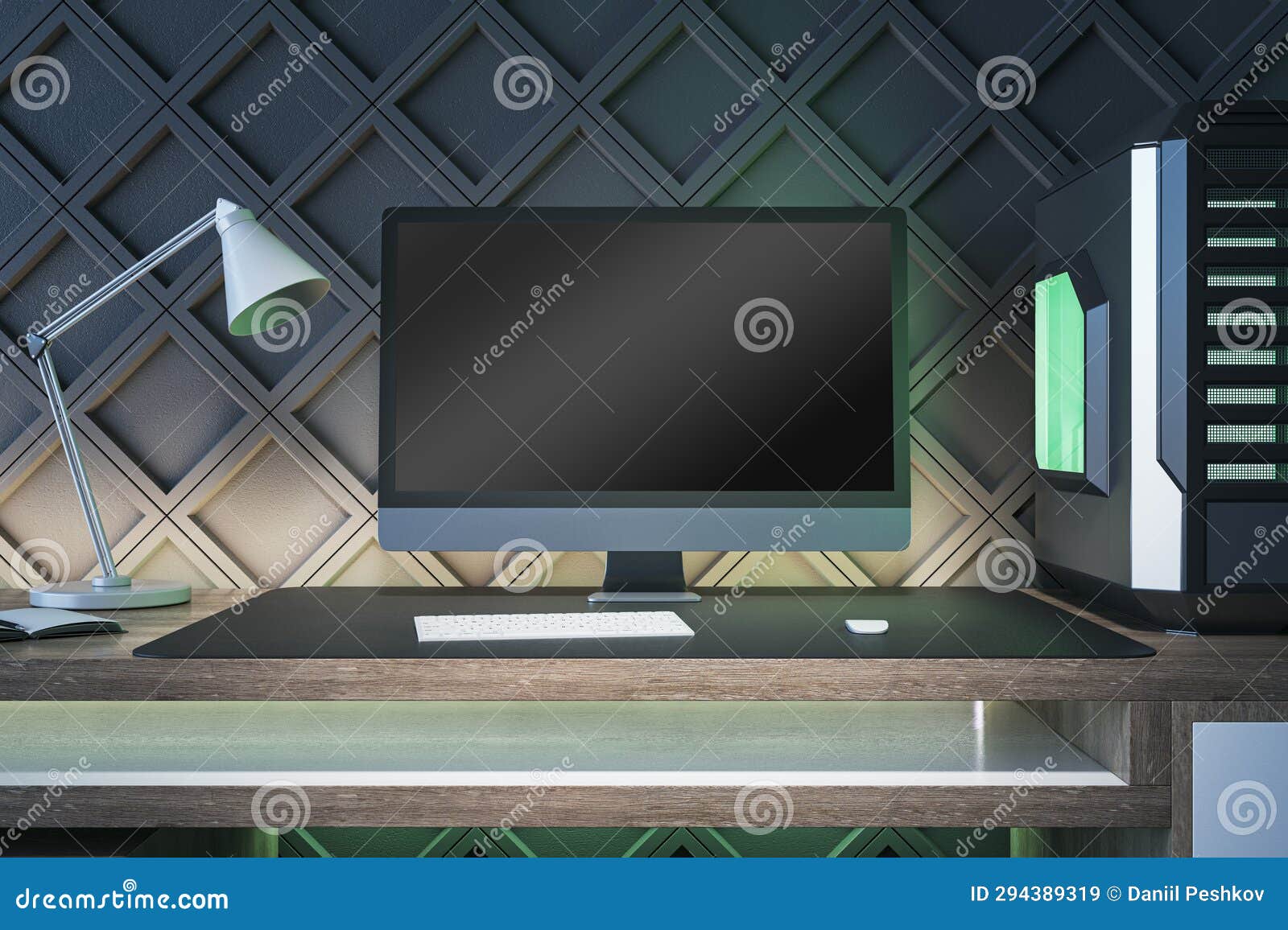 Creative Gamers Desktop with Empty Computer Screen, Lamp and System ...