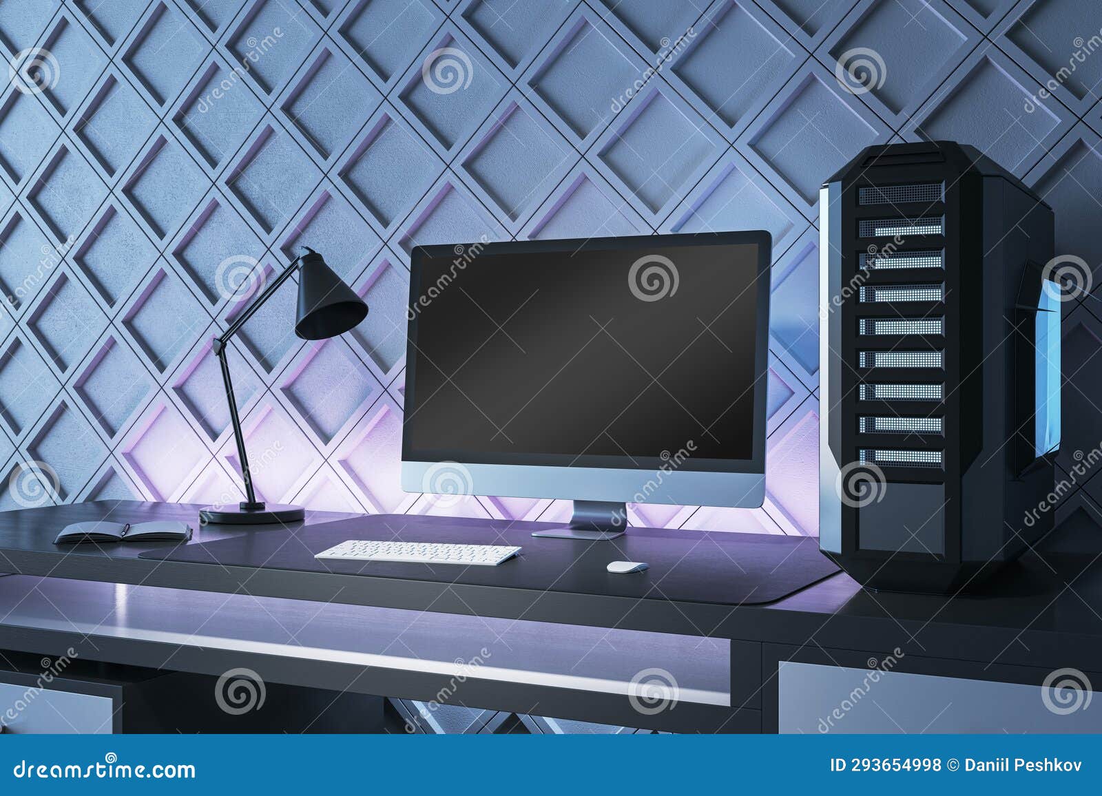 Creative Gamers Desktop with Empty Computer Screen, Lamp and System ...