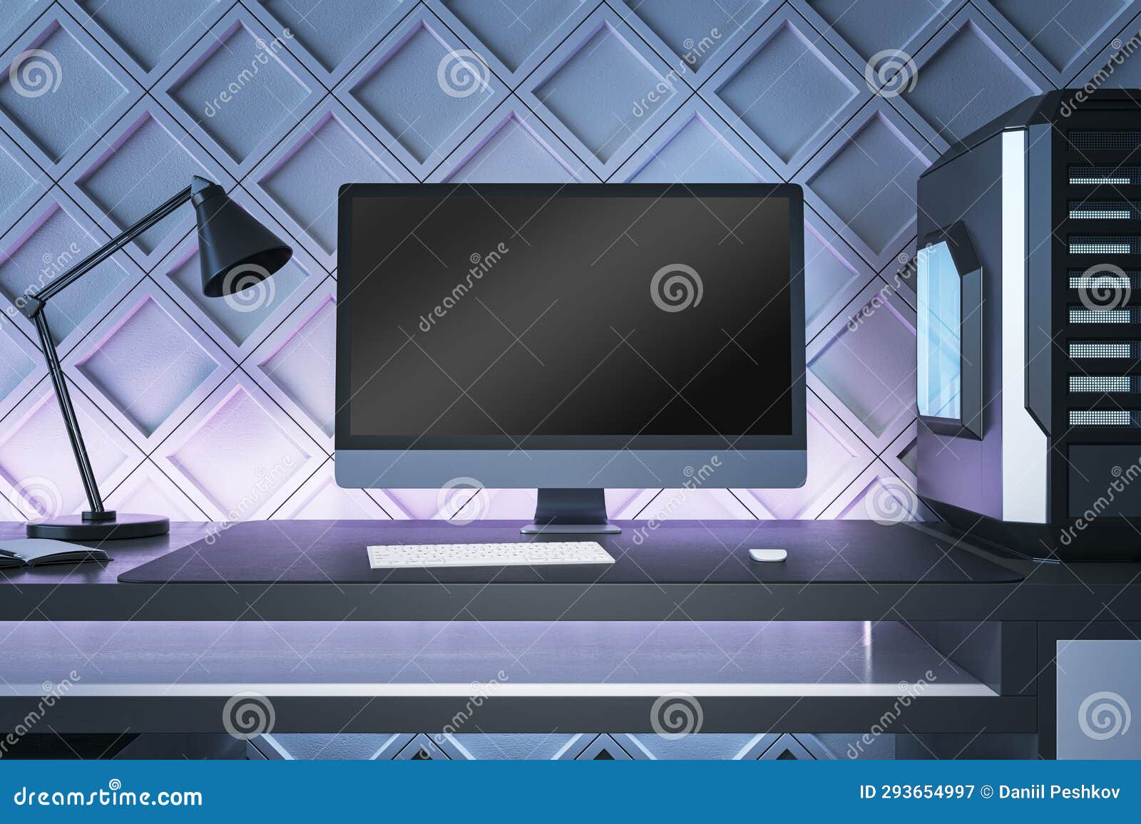 Creative Gamers Desktop with Empty Computer Screen, Lamp and System ...