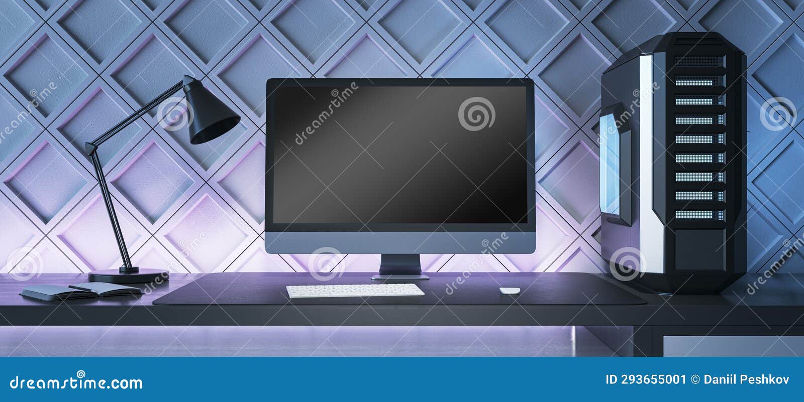 Creative Gamers Desktop with Empty Computer Screen, Lamp and System ...