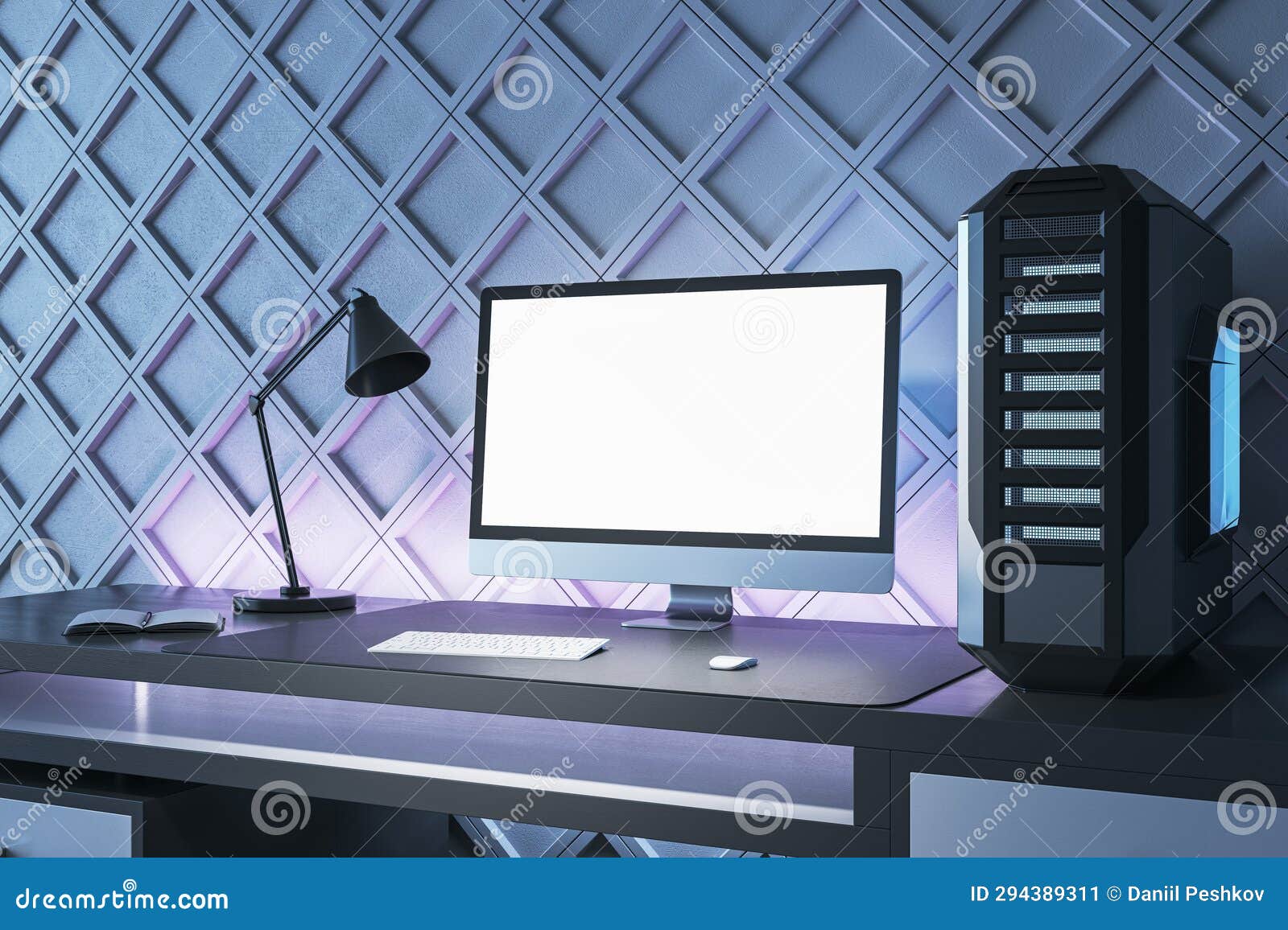 Creative Gamers Desktop with Empty White Computer Screen, Lamp and ...