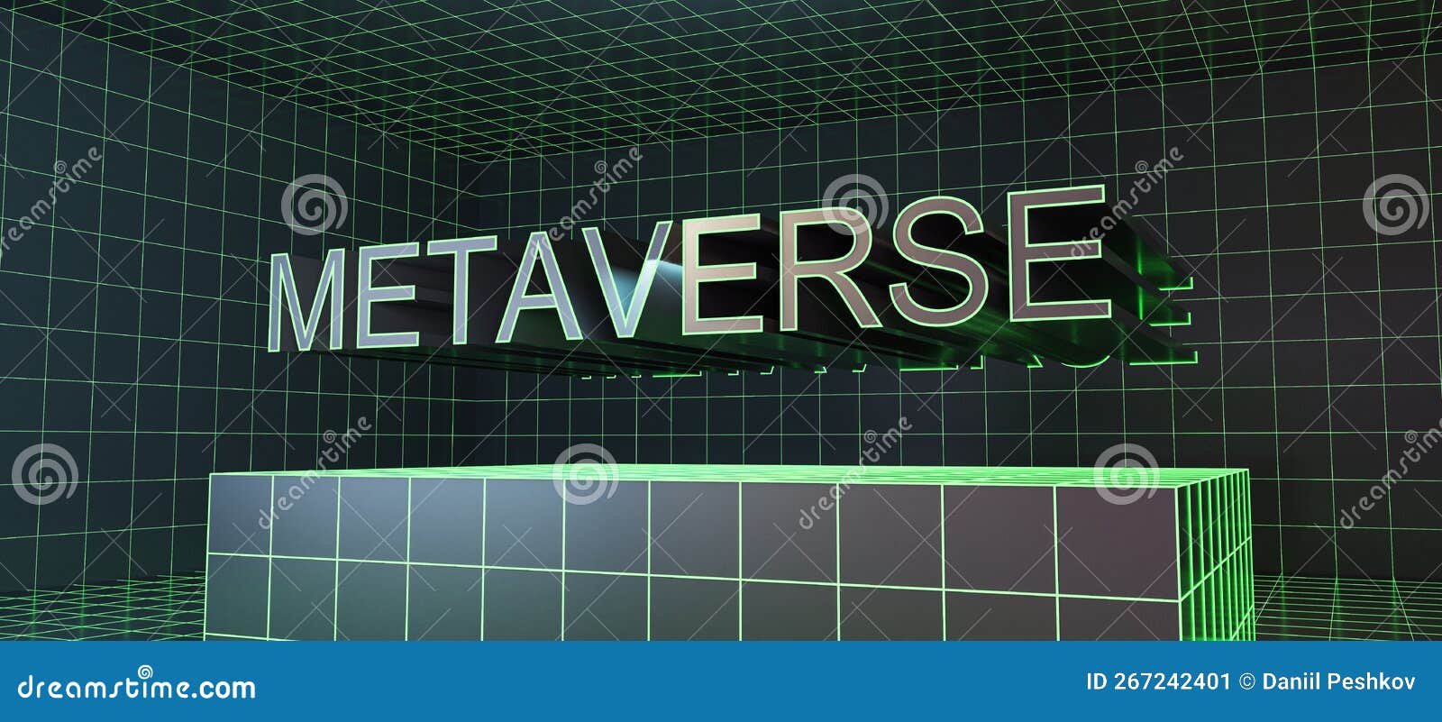 Creative Geometric Green Metaverse Interior with Purple Tiles. Future ...