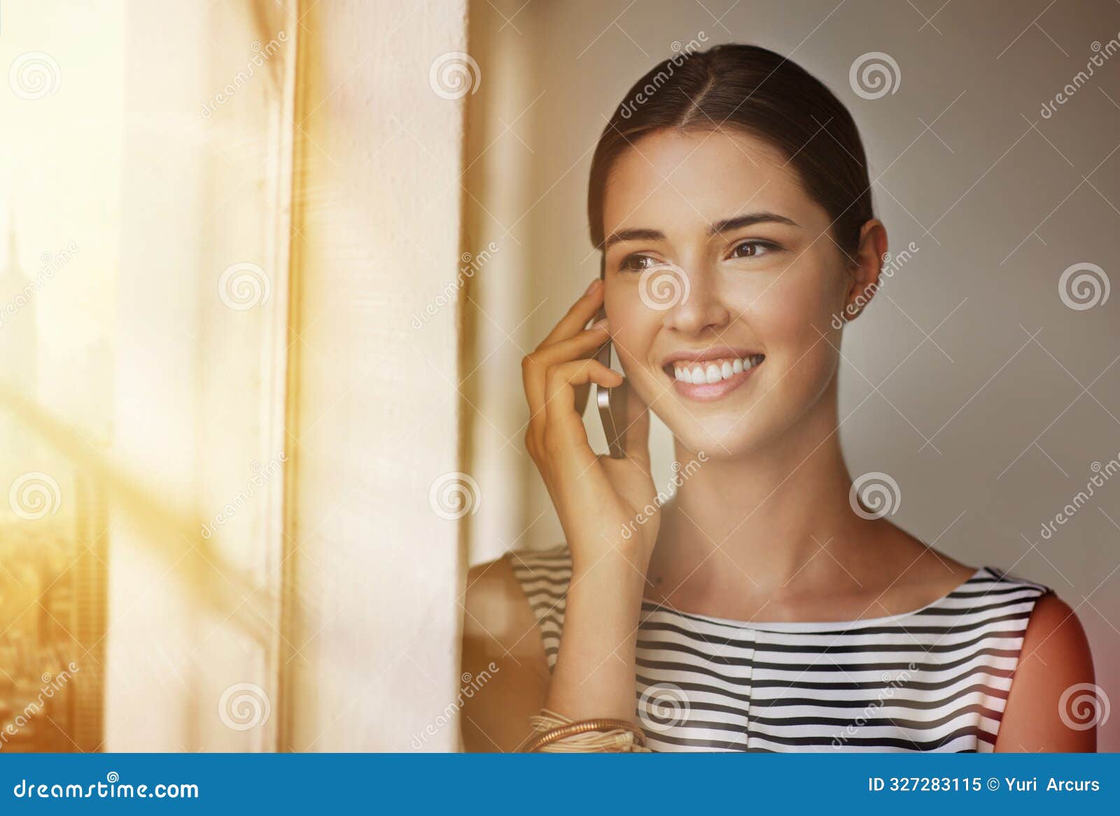 Creative, Girl and Happy with Phone Call in Office with Client for ...