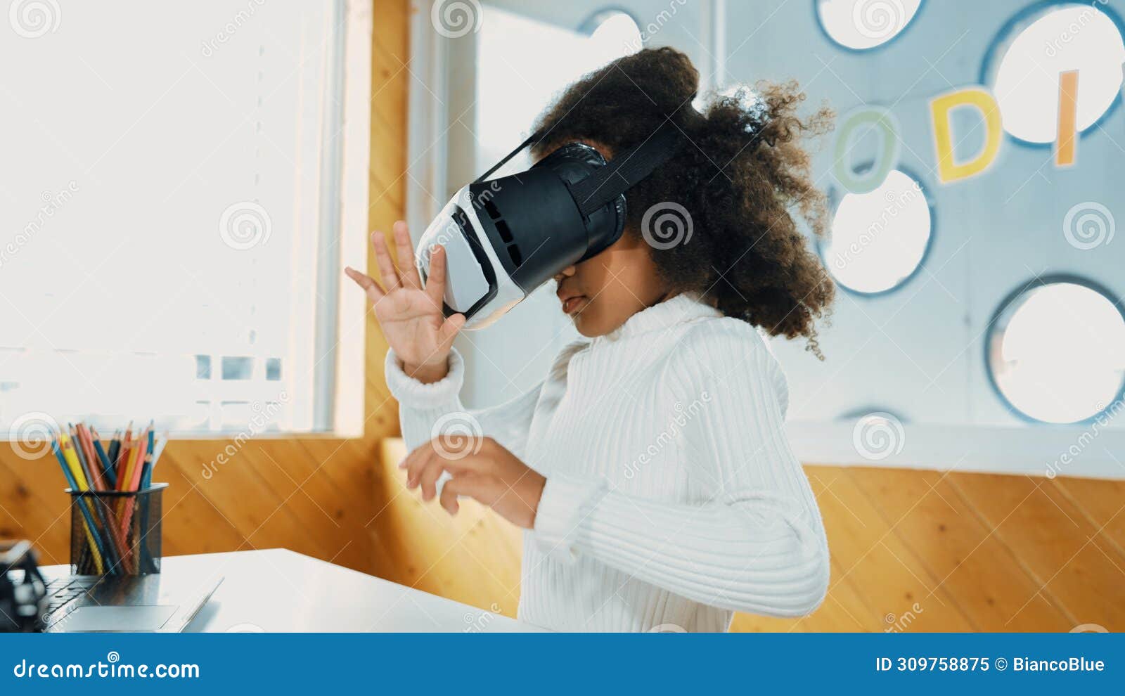 Girl Wearing VR Headset To Learning in Metaverse. Future Lifestyle ...