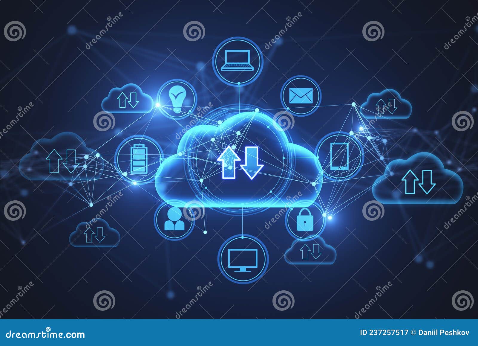 Creative Glowing Blue Cloud Computing Hologram with Download/upload Arrows on Blurry Background ...