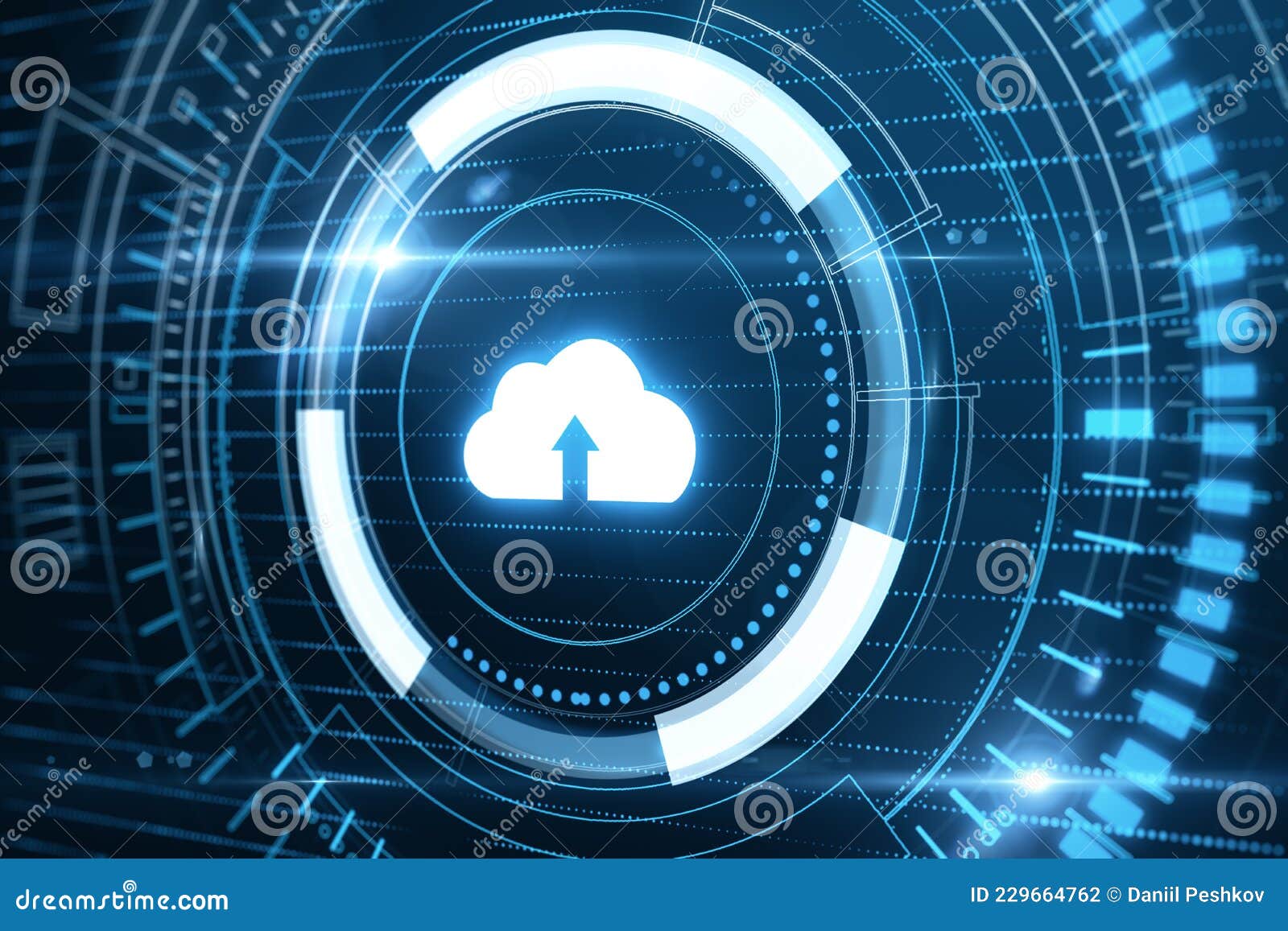 Creative Glowing Blue Clouds Hologram on Dark Background. Cloud Computing and Database Concept ...