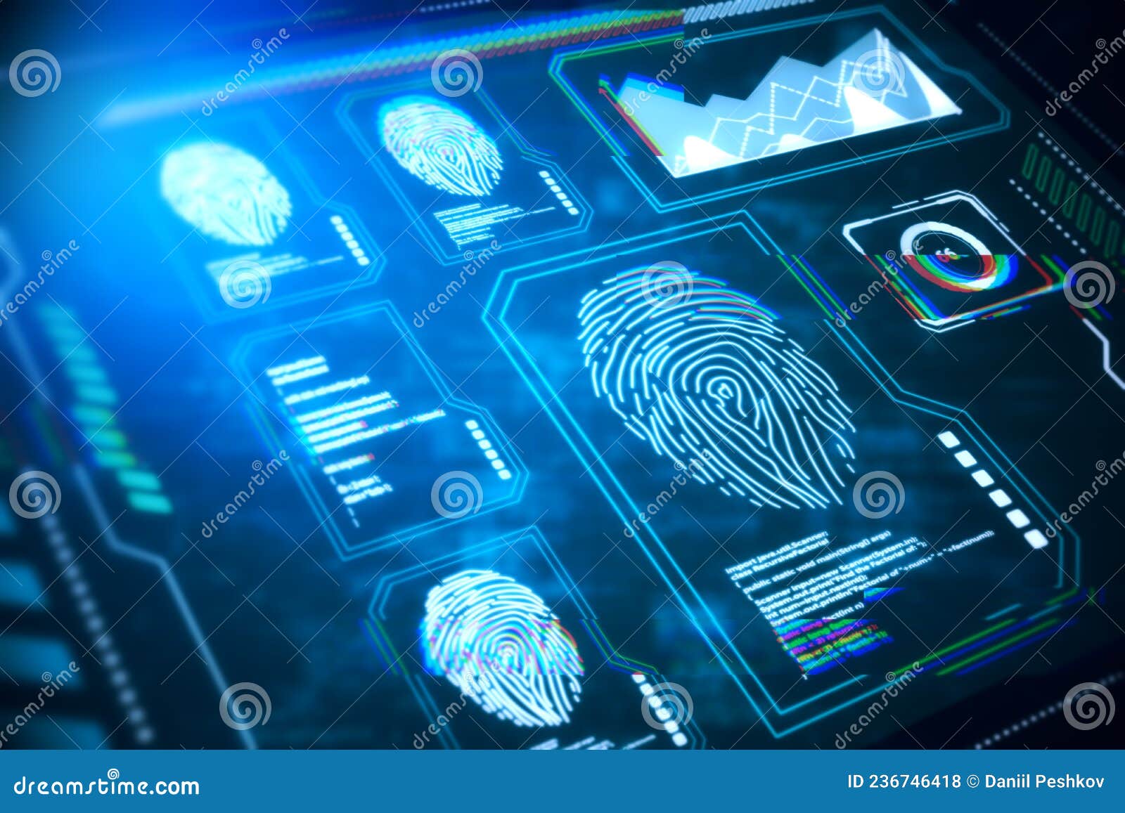 Creative Glowing Blue Fingerprint Scanner Interface on Dark Backdrop ...
