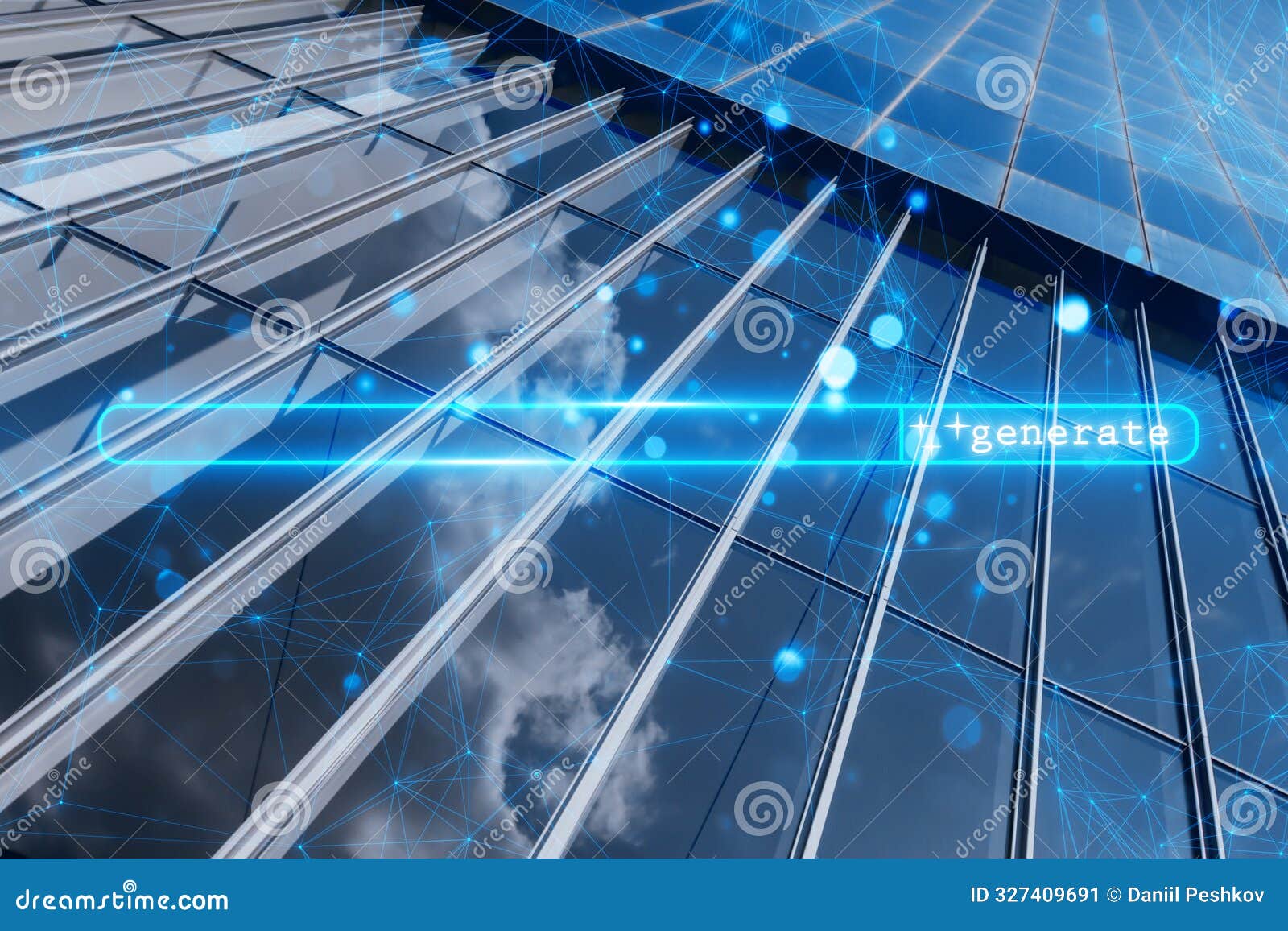 Creative Glowing Blue Search Bar on Blurry Polygonal City Building ...