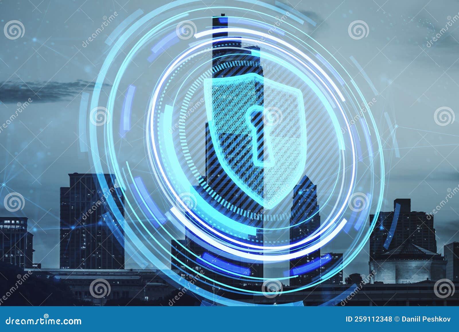 Creative Glowing Blue Shield Hologram on Blurry City Backdrop. Secure ...
