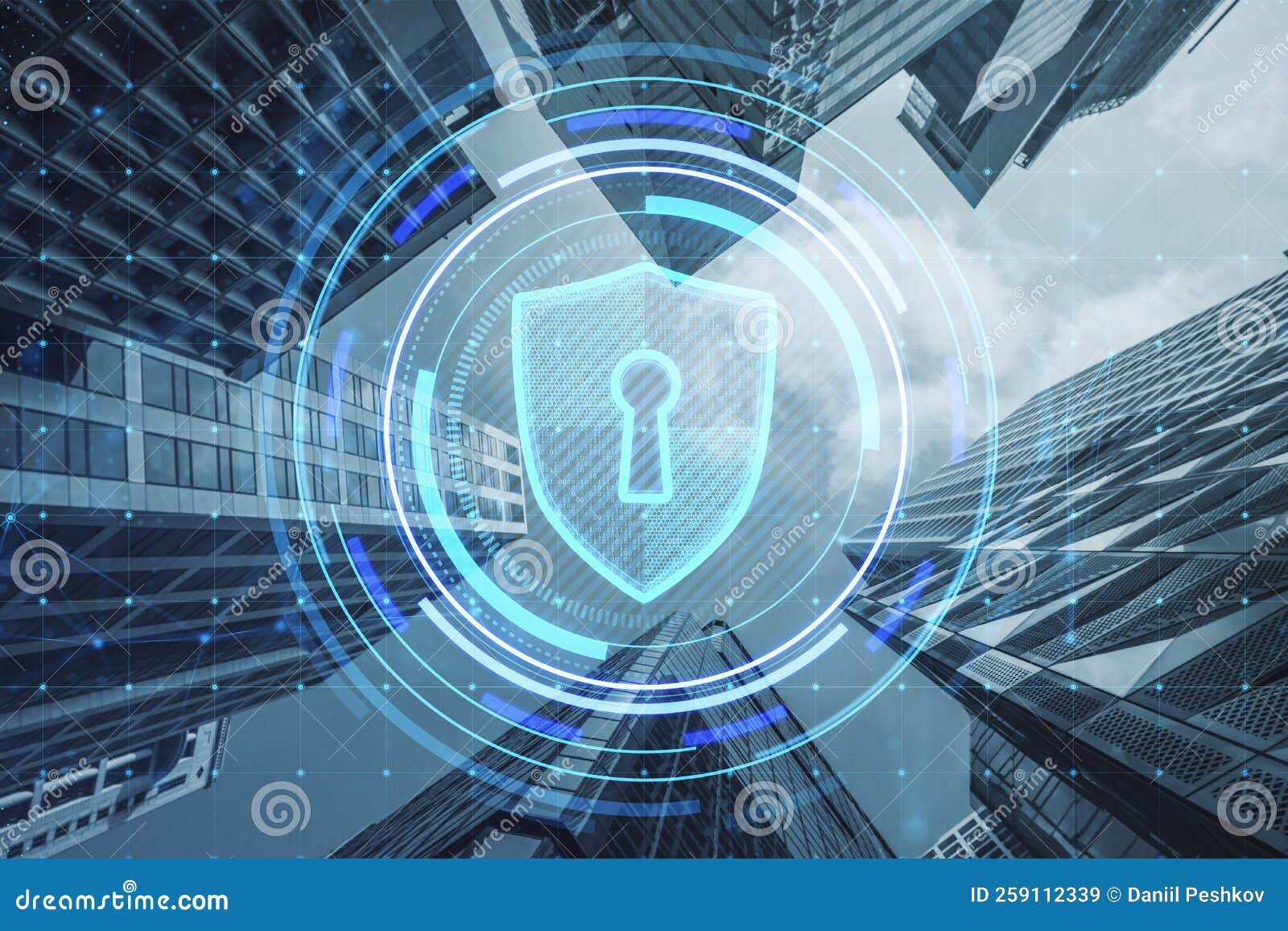 Creative Glowing Blue Shield Hologram on Blurry City Background. Secure ...