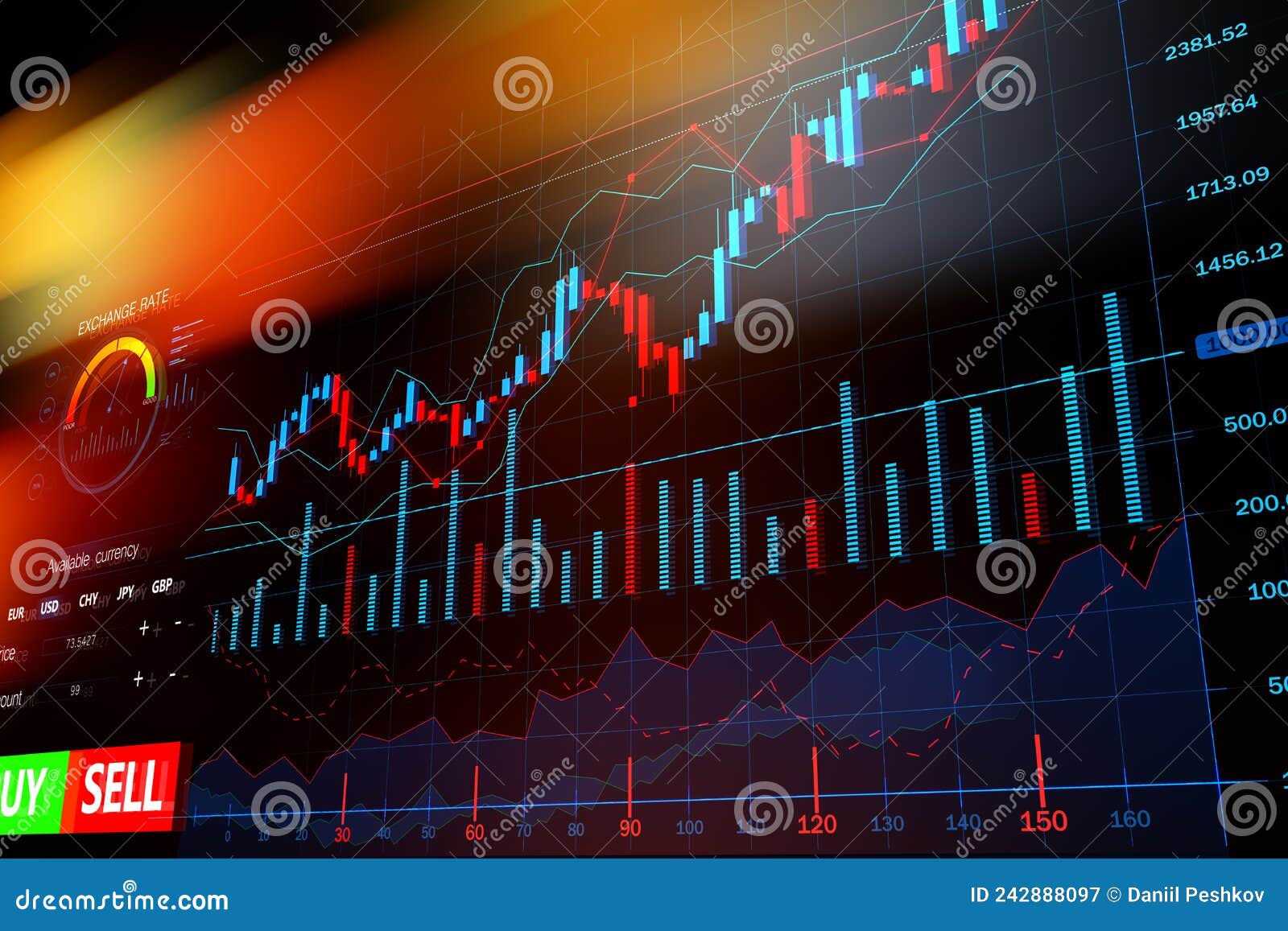 Creative Glowing Candlestick Forex Chart on Dark Texture. Finance ...
