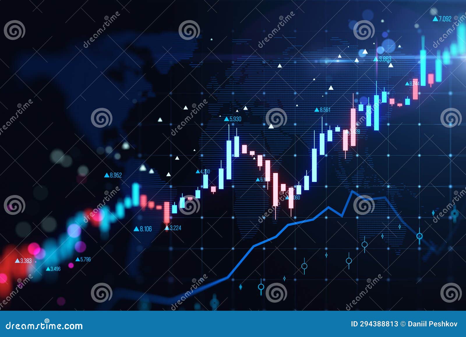 Creative Glowing Candlestick Forex Chart and Map on Blurry Grid ...