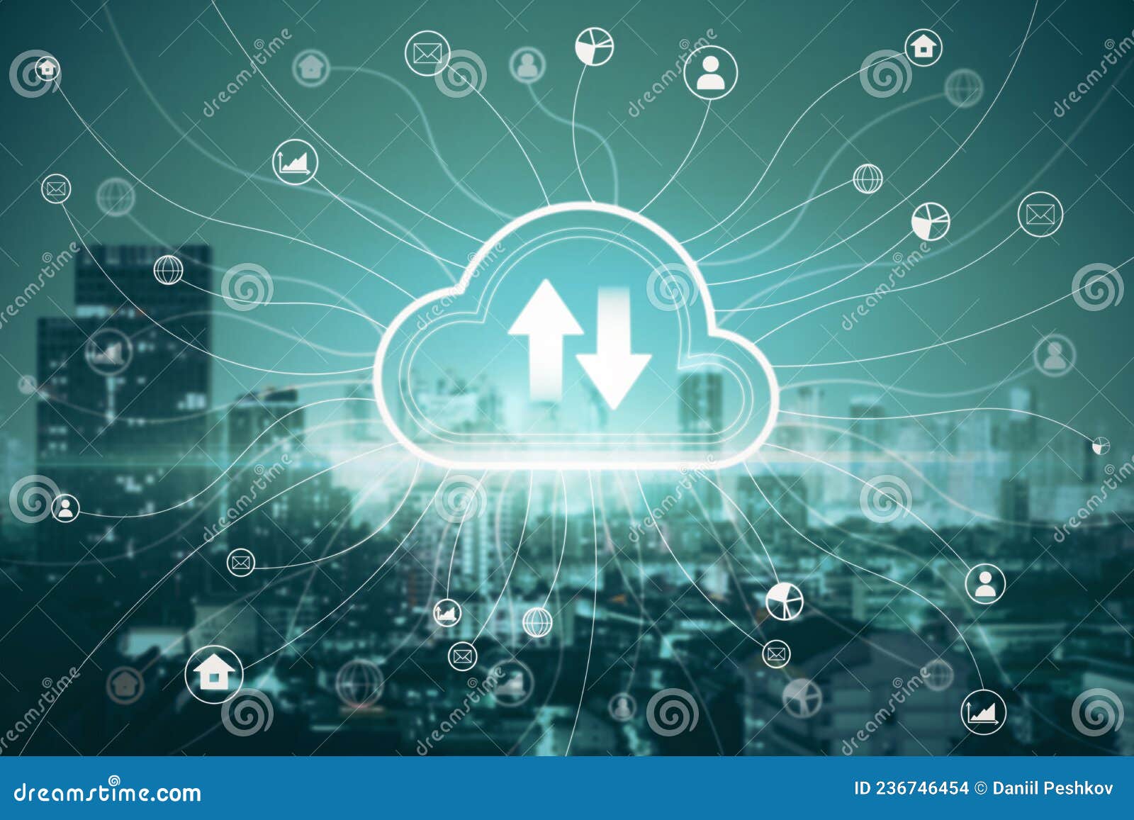 Creative Glowing Cloud Hologram on Illuminated Night City Background ...