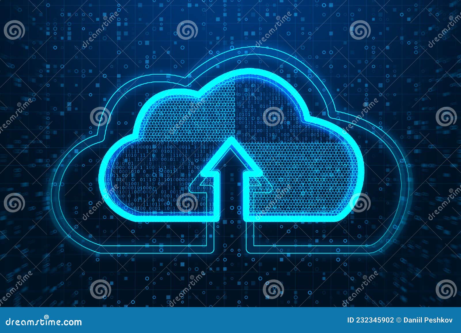 Creative Glowing Clouds Hologram on Dark Binary Code Background. Cloud ...