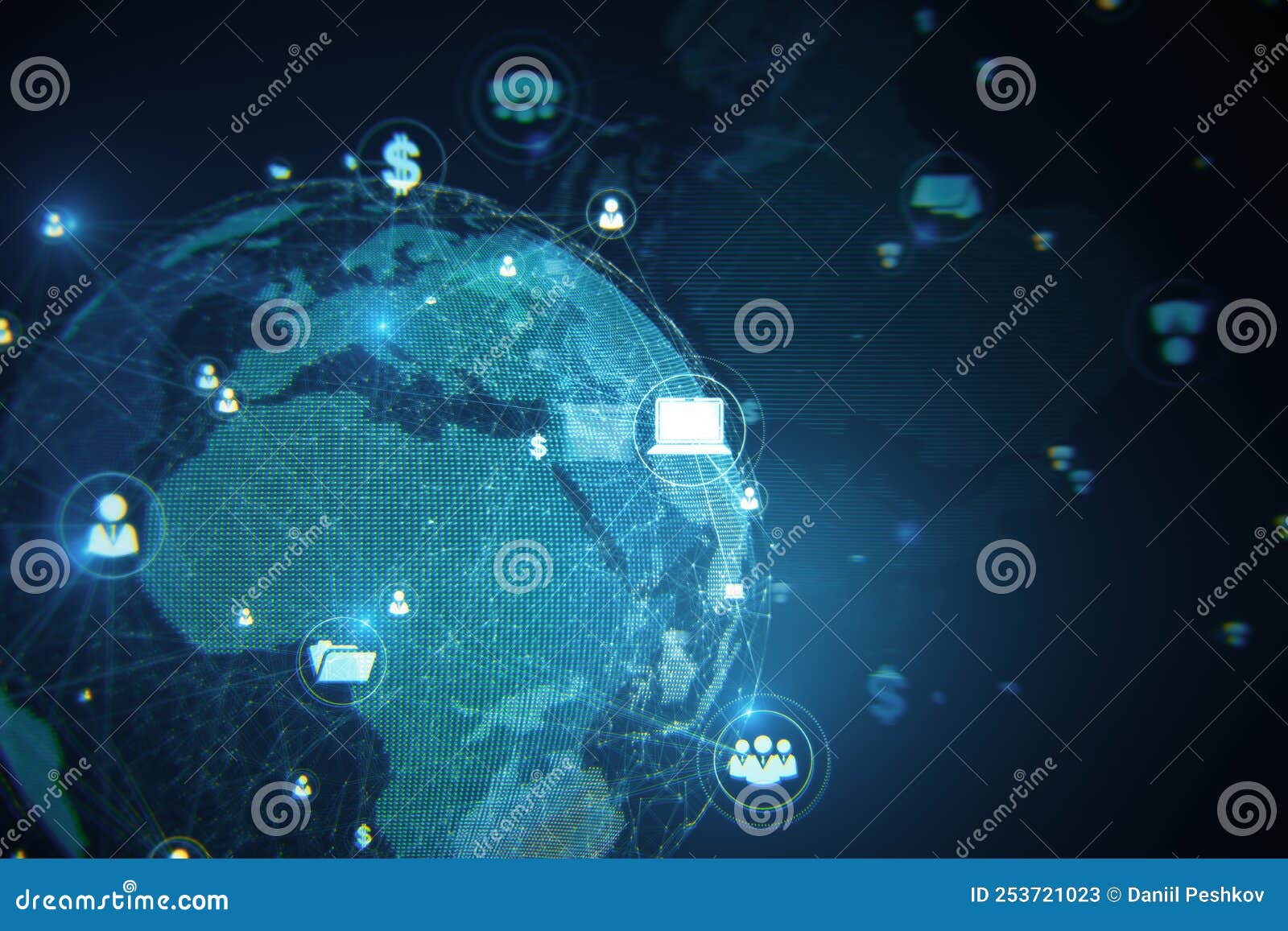 Creative Glowing Communication and Network Globe Hologram on Blurry ...