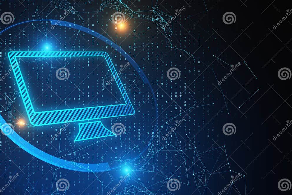 Creative Glowing Computer Monitor Icon on Dark Blue Background with ...
